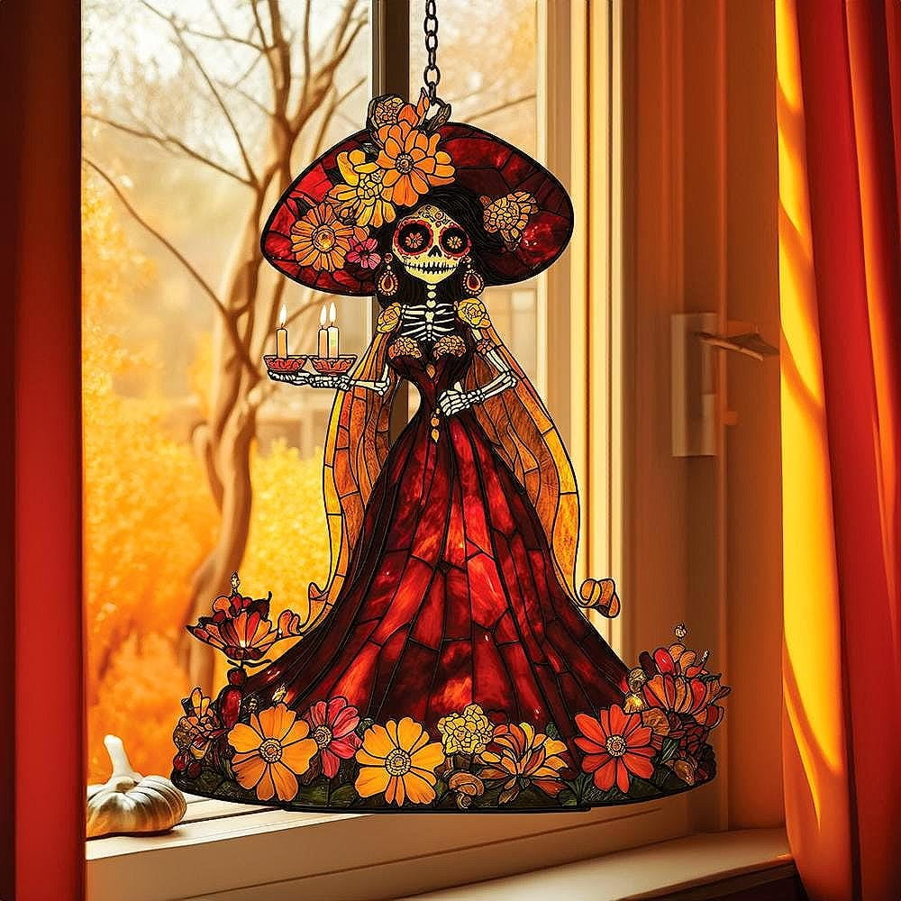 Day Of The Dead La Catrina Acrylic Window Hanging - Sugar Skeleton Faux ...