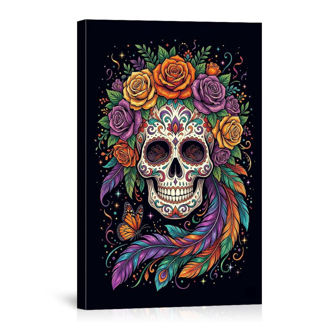 Day Of The Sugar Skull Art Vibrant Floral Feather Colorful Calavera ...