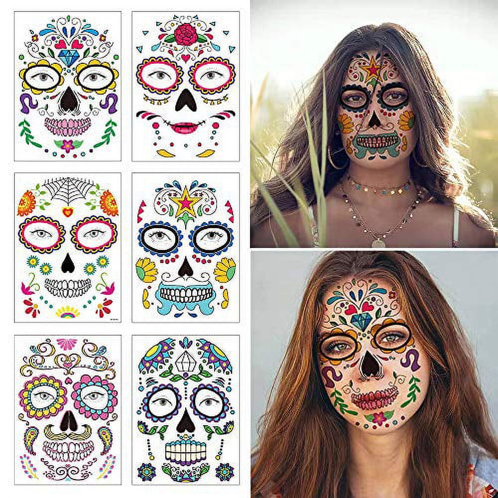 Day of The Dead Temporary Face Tattoos 6 Halloween Sheets Sugar Skull ...