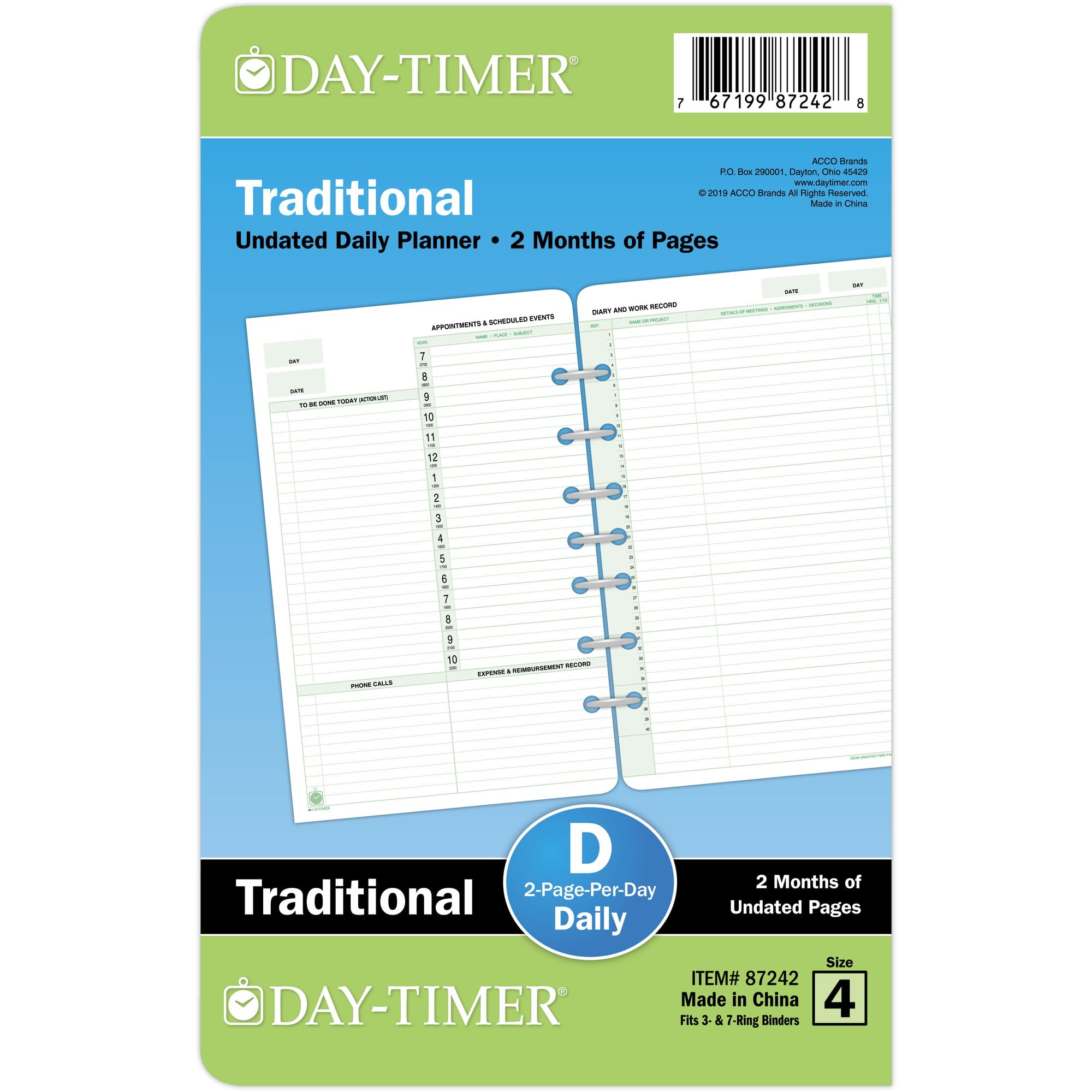 Day-Timer Undated Two-Page Per Day Planner Pages Loose-Leaf Desk Size 5 ...