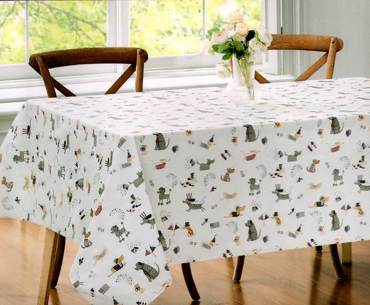 Day by Day PEVA Flannel Backed Tablecloth 60" Round Patriotic Dogs ...