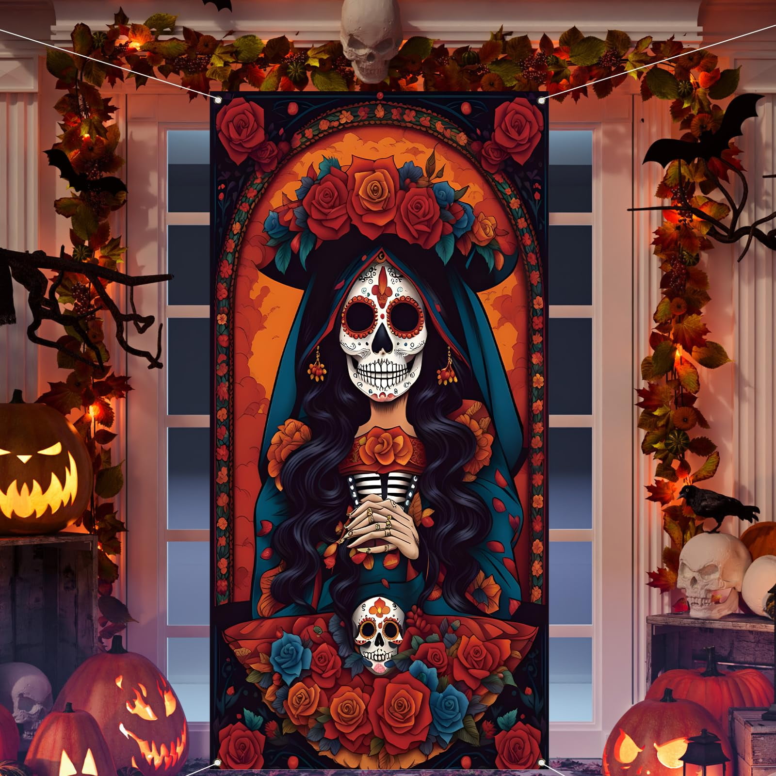 Day of The Dead Door Cover Dia De Los Muertos Backdrop Sugar Skull Rose ...