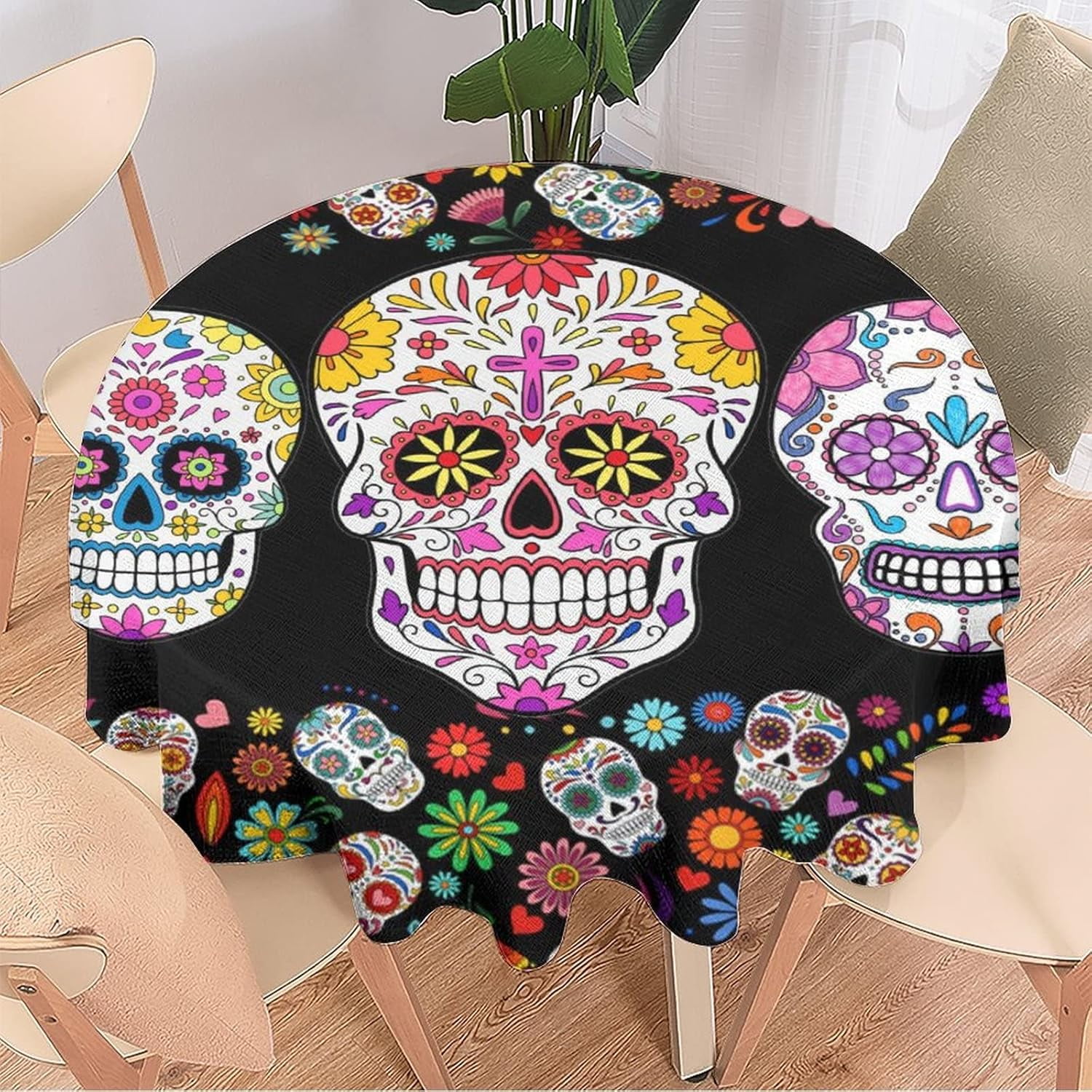 Day of The Dead Round Tablecloth - Mexican Skull Abstract Gothic Skull ...