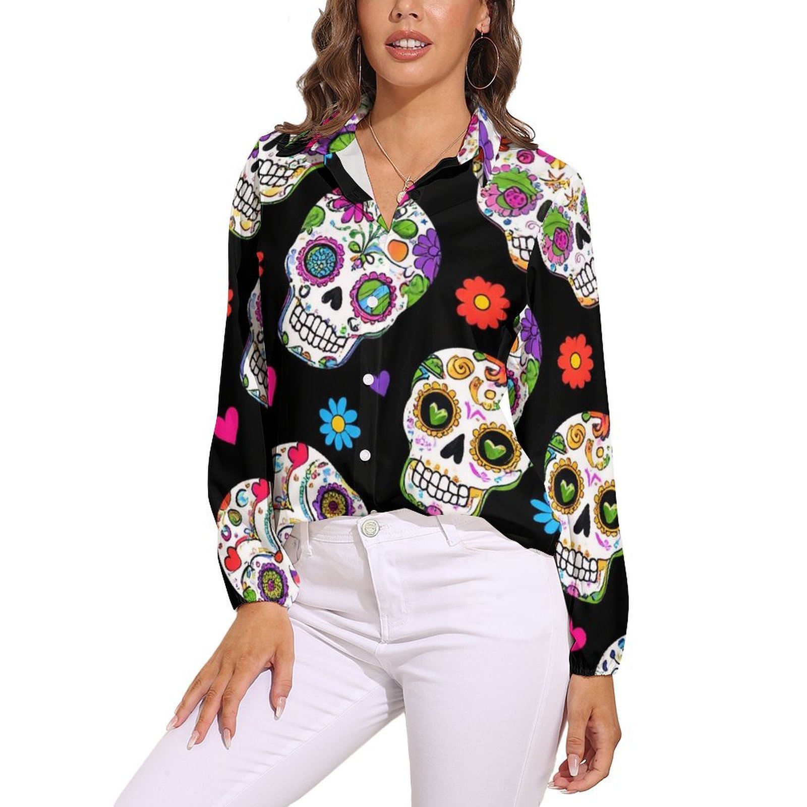 Day of The Dead Skulls Floral Print-1 Vntage Casual Long Sleeve Shirt ...