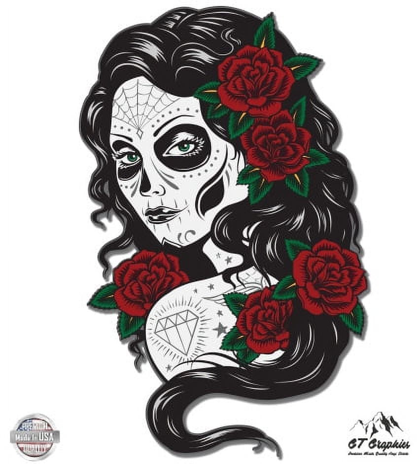 Day of the Dead Beautiful Lady Roses Mask - 3" Vinyl Sticker - For Car ...