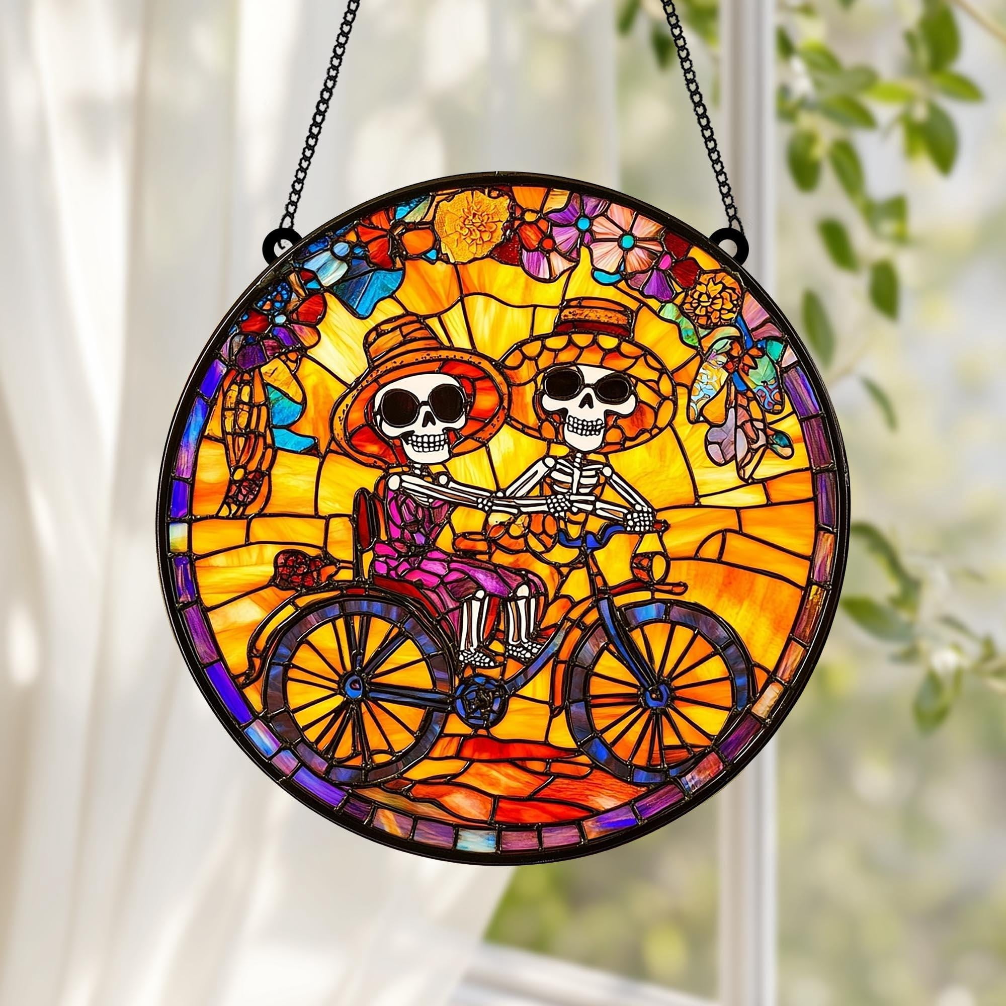 Day of the Dead Couple Sugar Skull Suncatcher, Faux Stained Glass ...