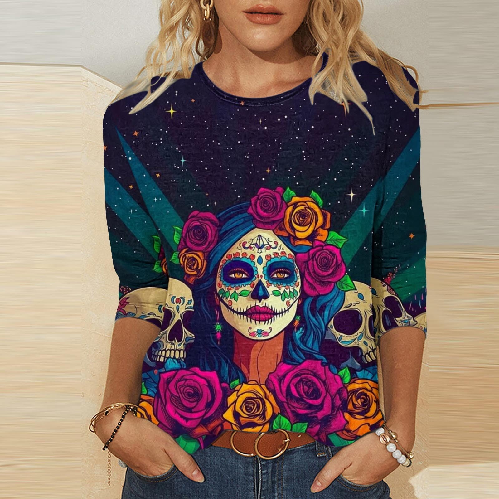 Xdegoge Day of the Dead Shirts for Women Dia De Los Muertos 3/4 Sleeve ...