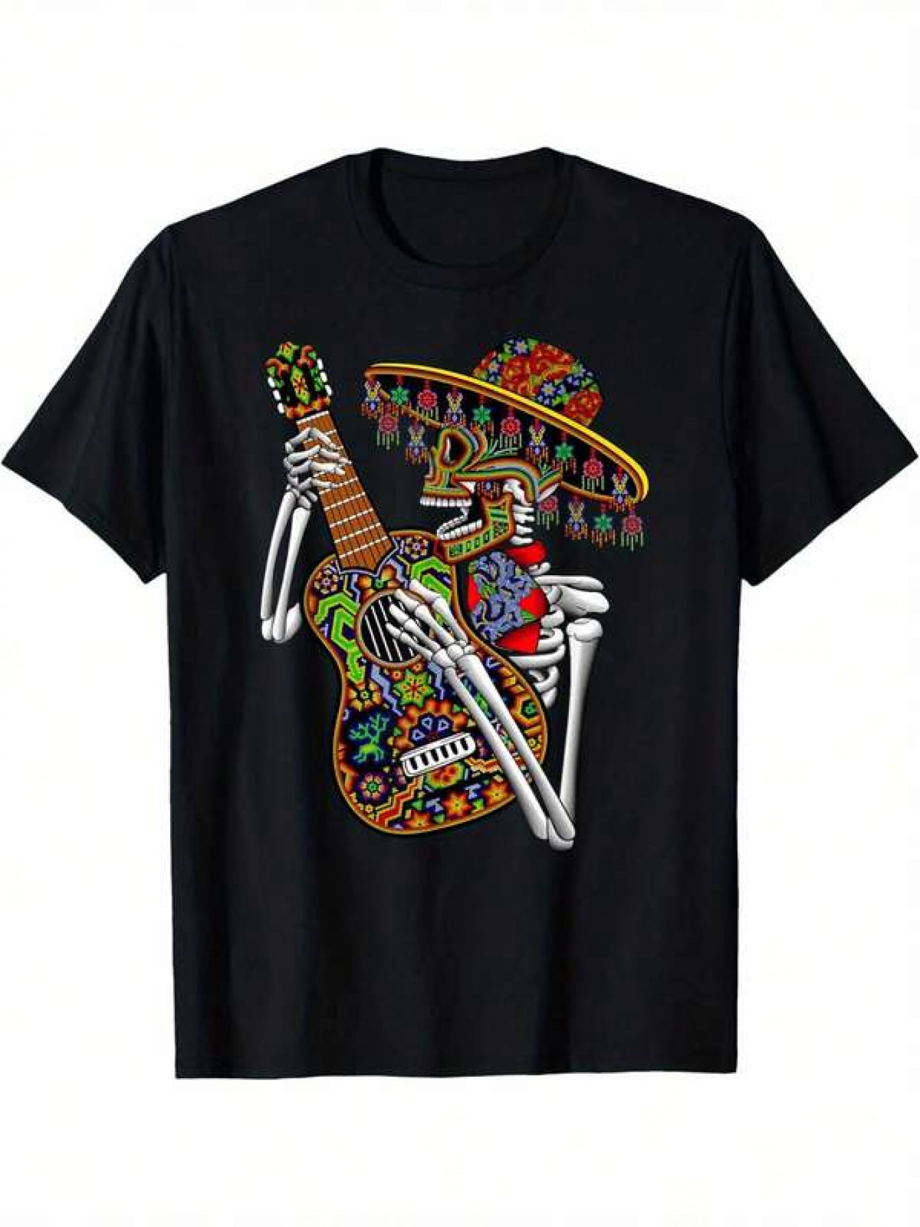 Day of the Dead Skeleton Guitar Graphic Tee Sugar Skull Shirt - Walmart.com