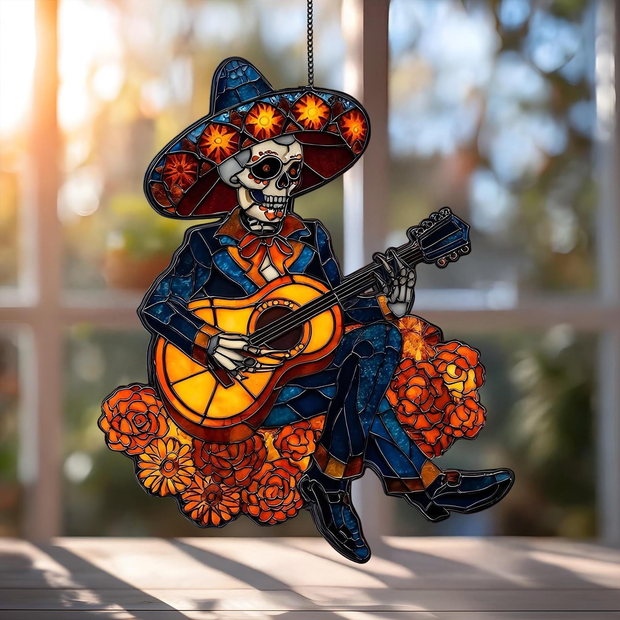 Day of the Dead Skeleton Guitarist Suncatcher ? Acrylic Window Hanging with Marigolds, Altar D ...