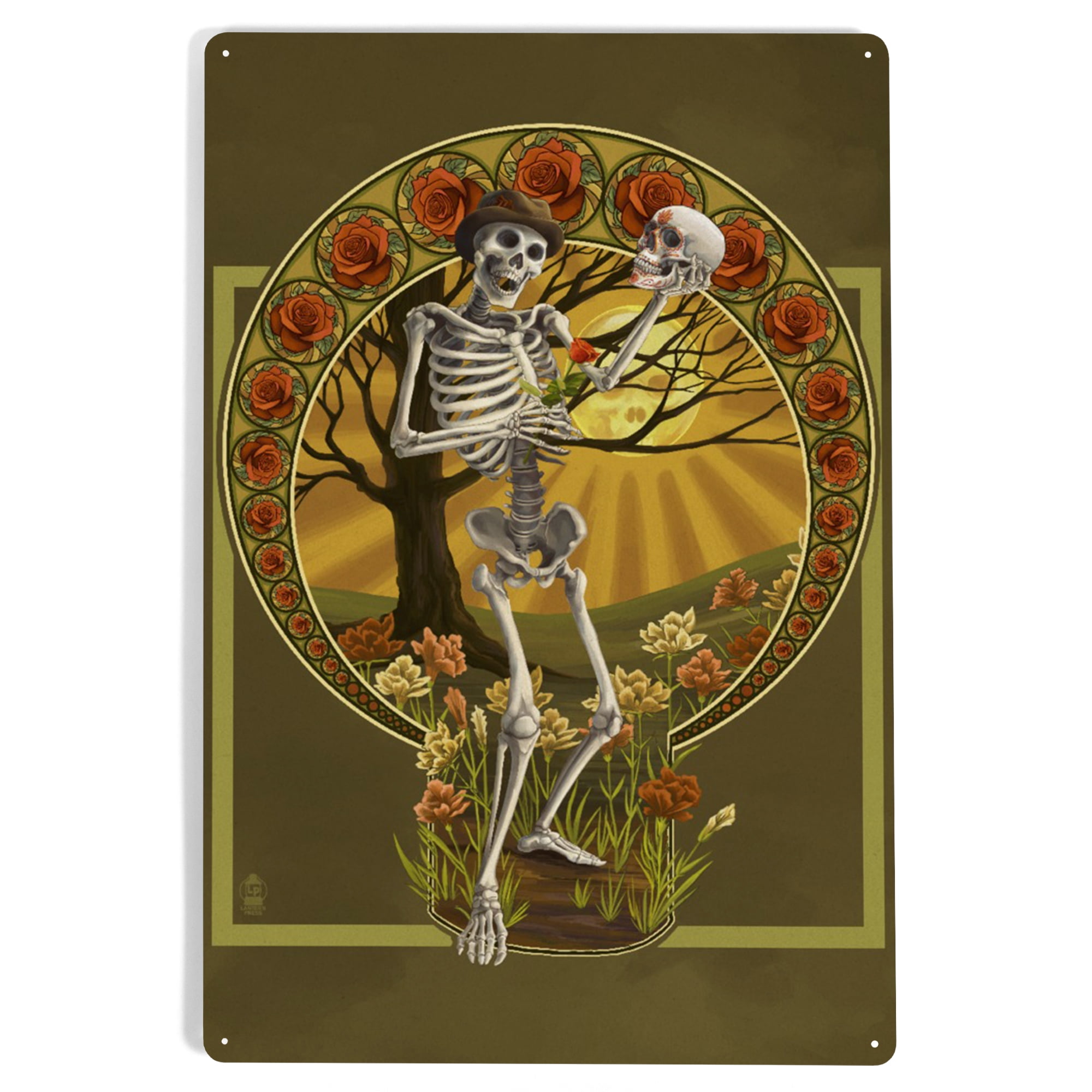 Day of the Dead, Skeleton Holding Sugar Skull (12x18 Aluminum Art ...
