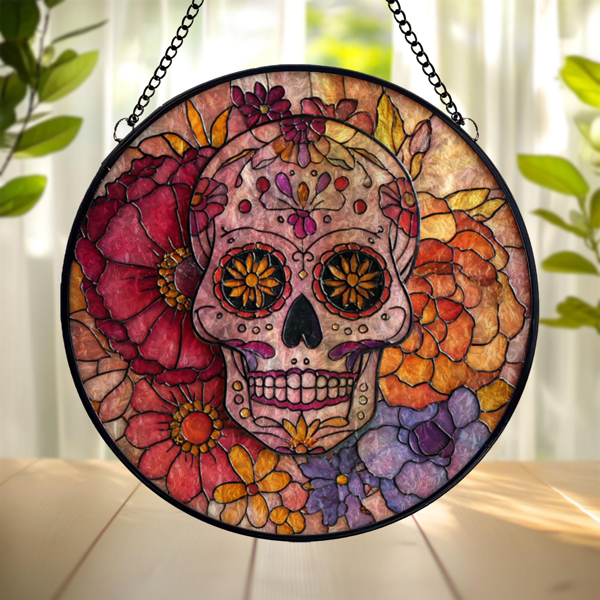 Day of the Dead Skull Suncatcher, Stained Glass Style Acrylic Window ...