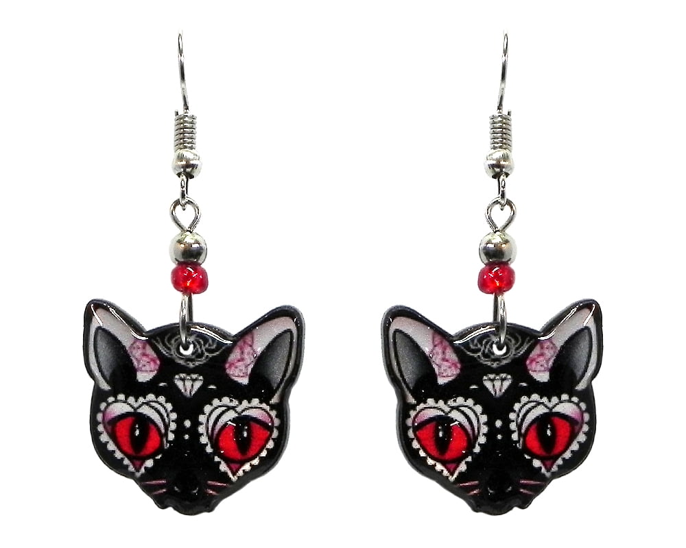 Day of the Dead Sugar Skull Cat Face Animal Graphic Dangle Earrings ...