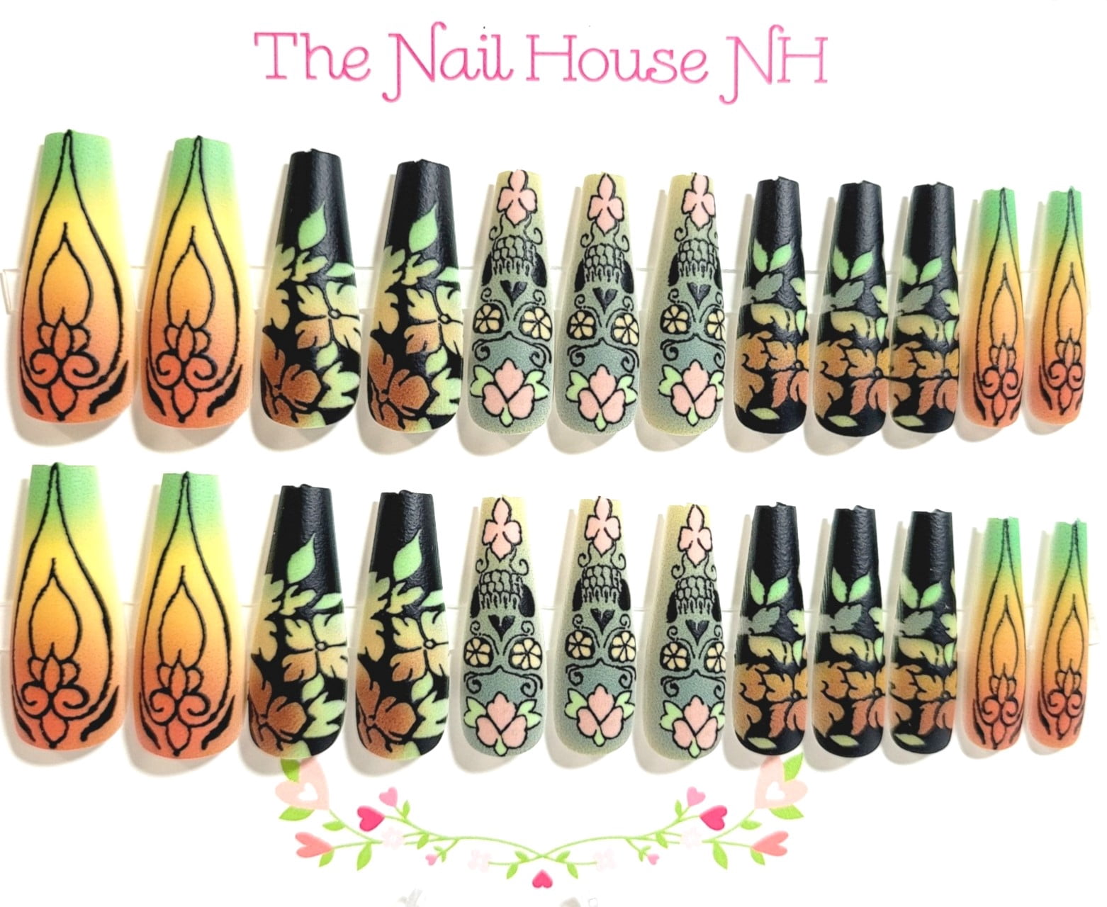 Day of the Dead Sugar Skull Floral Matte Long Coffin Press On Nails ...