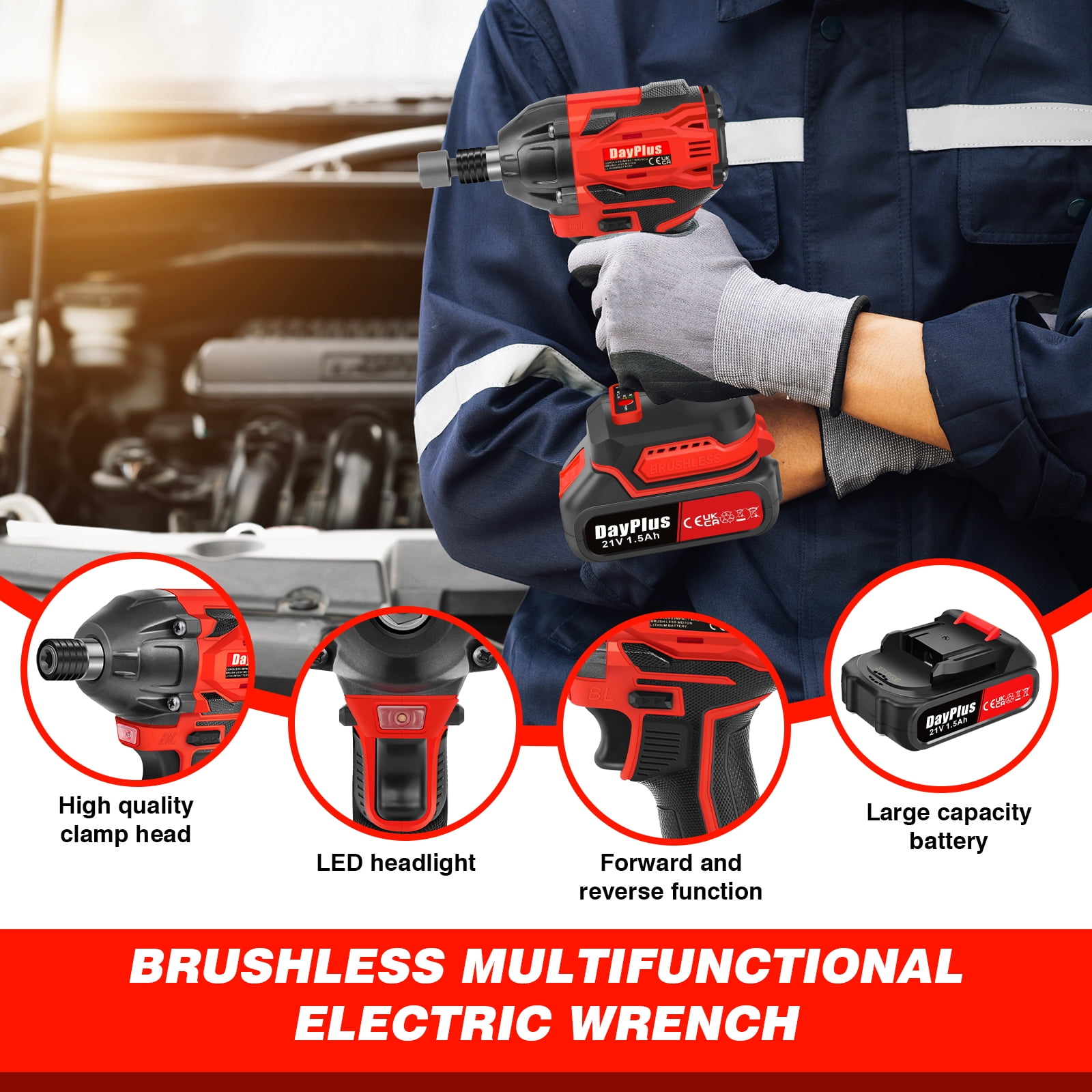 DayPlus 2 IN 1 Cordless Impact Wrench,1/2" Driver Brushless Power ...