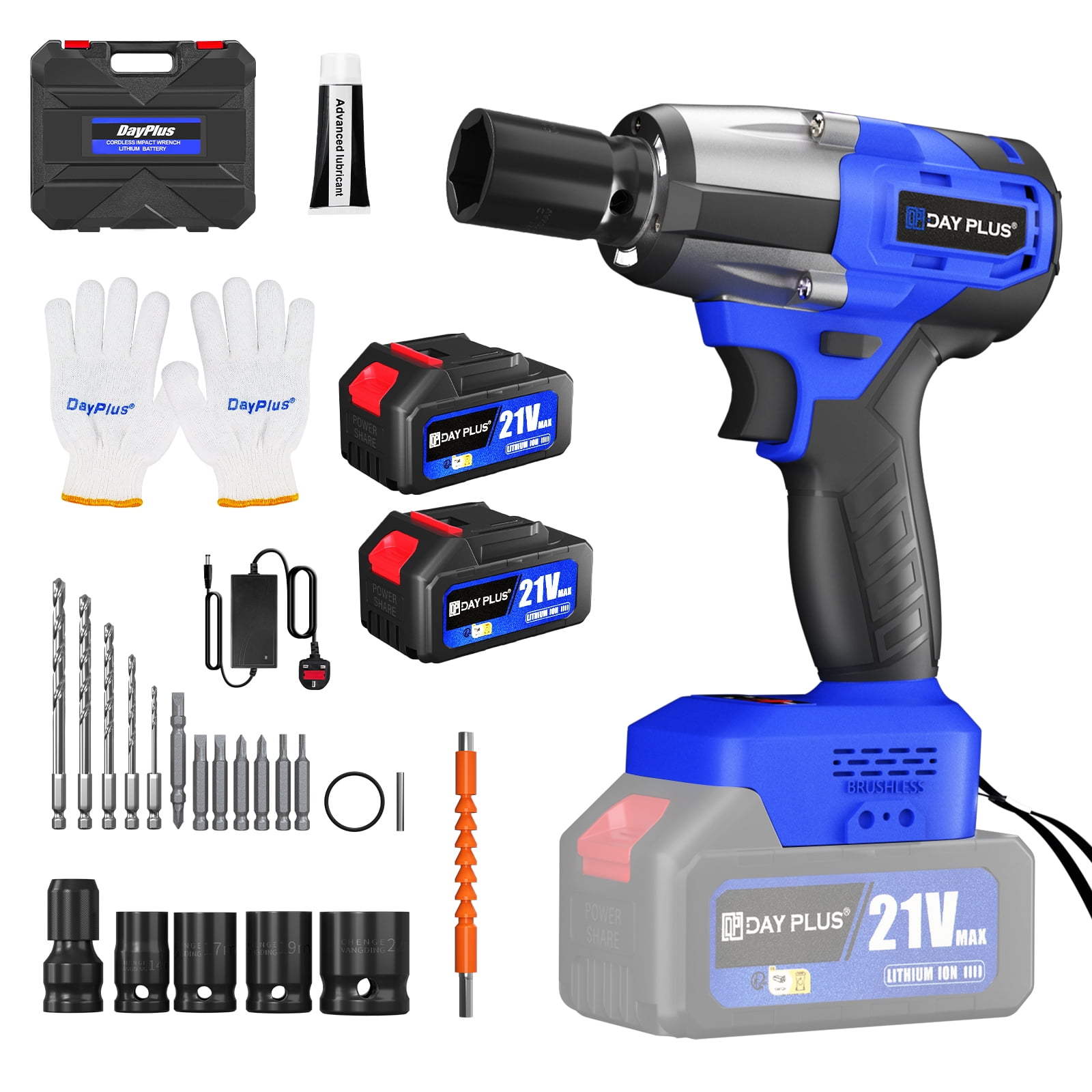 DayPlus Cordless Impact Wrench 1/2 inch, Brushless Impact Gun 450N.m ...
