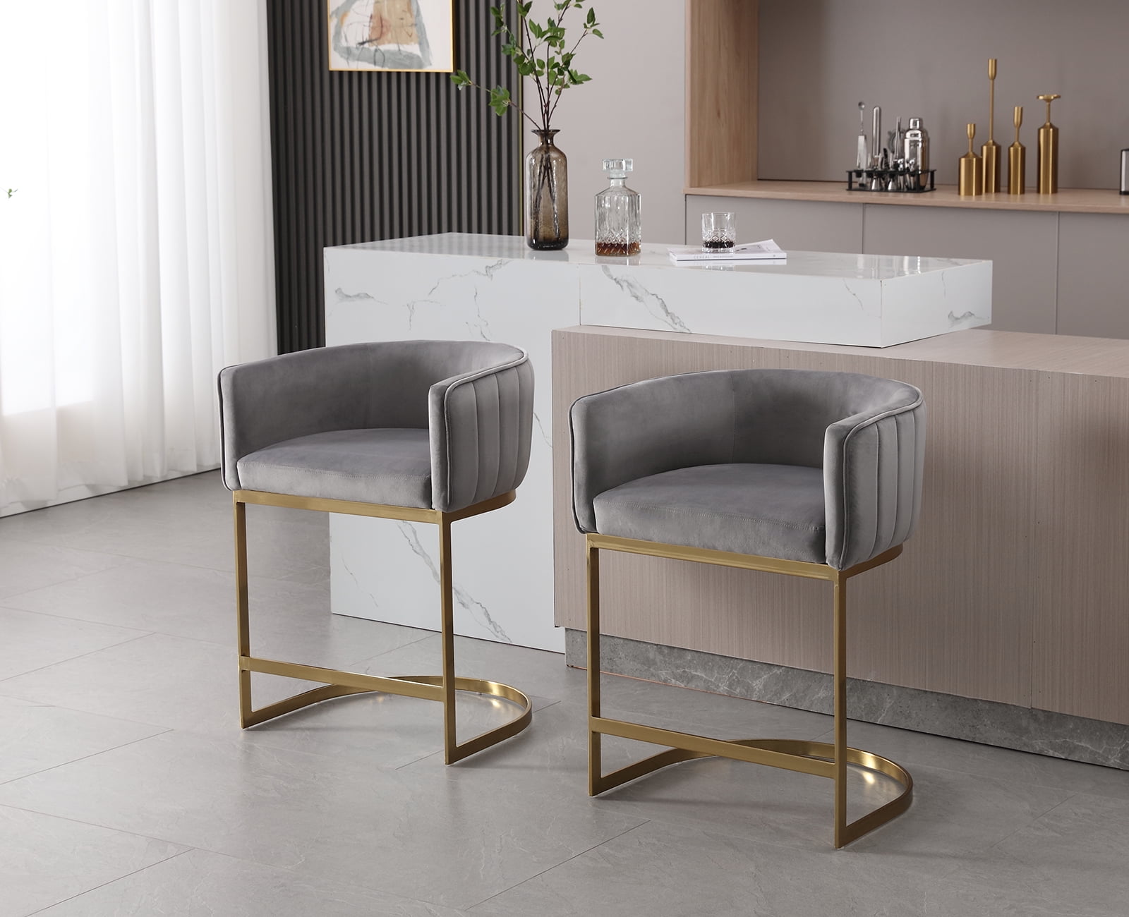 Dayalane 24.5 Modern Counter Height Bar Stool Set of 2 Velvet Upholstered Bar Stool with Curved Backrest and Gold Metal Frame Comfy Barrel Stools