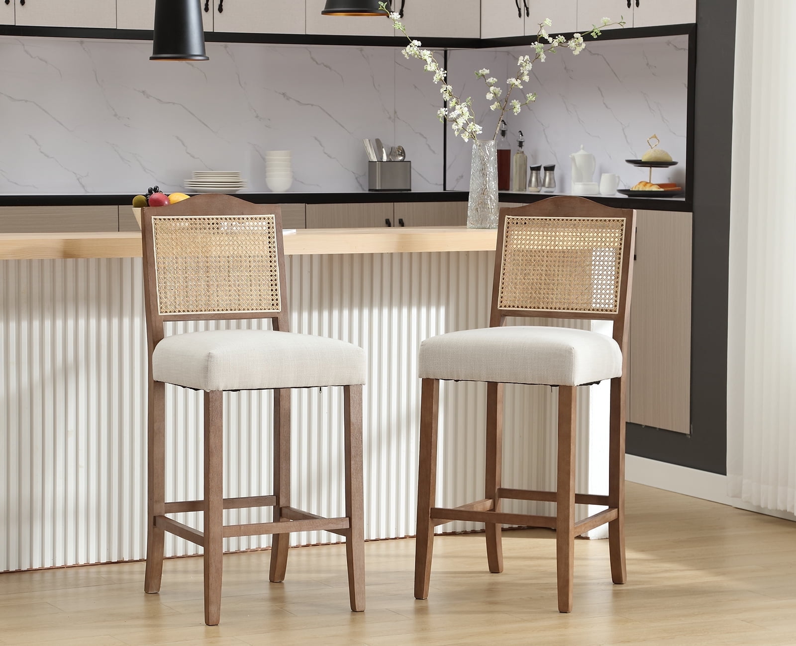 "Dayalane 30"" Counter Height Bar Stools Set of 2, Farmhouse Wooden, Rattan Back, Linen ...