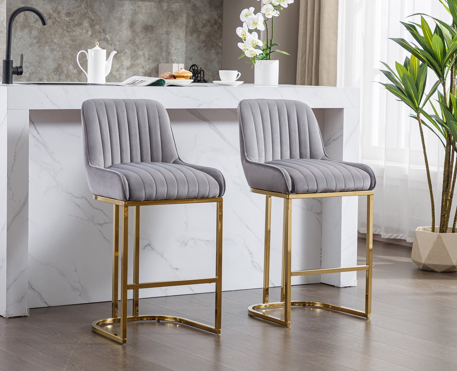 "Dayalane Bar Stools Set of 2, Velvet Upholstered, 26"" Counter Ht ...