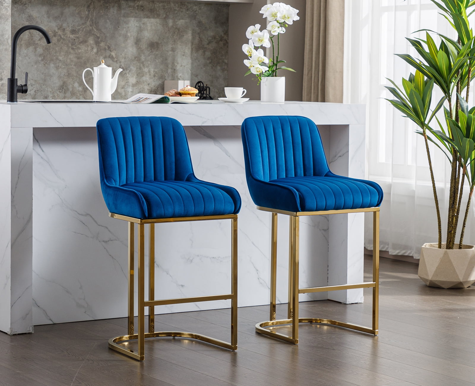 "Dayalane 26"" Navy Velvet Upholstered Bar Stools with Back & Gold Base ...