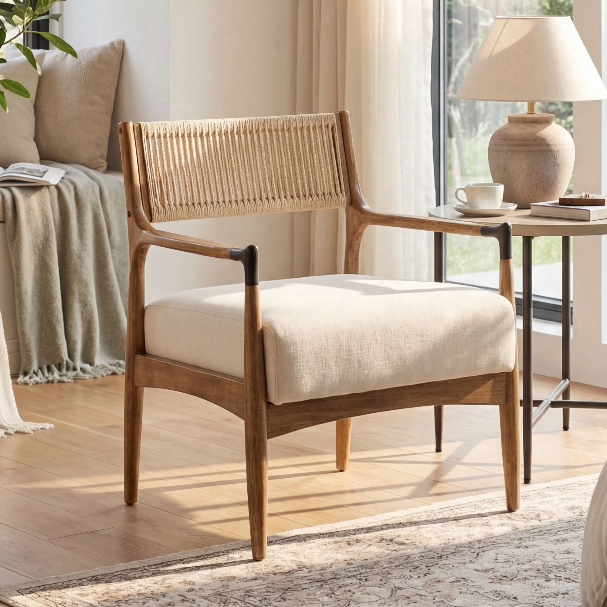 Dayalane Mid-Century Modern Woven Rope Accent Chair, Upholstered Linen ...