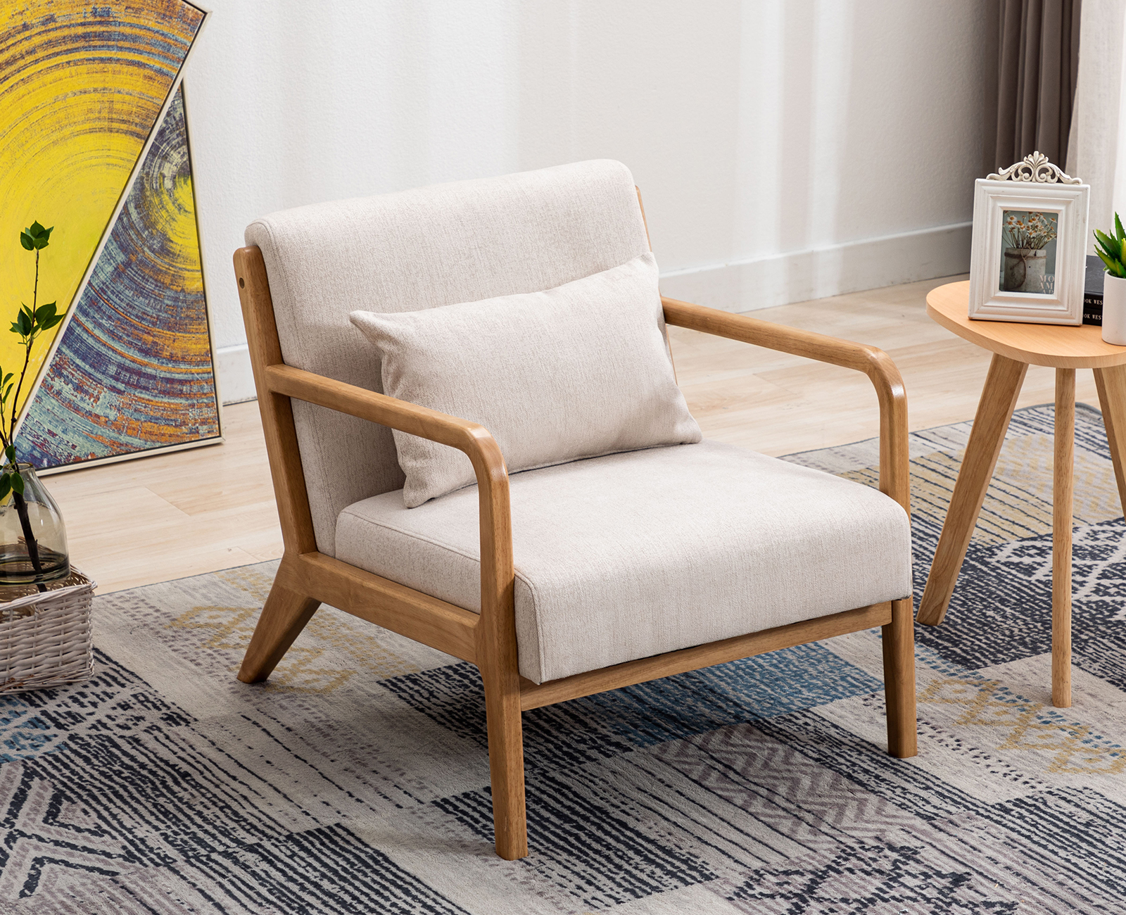 Dayalane Modern Accent Chair, Oak Wooden Armchair Linen Upholstered ...