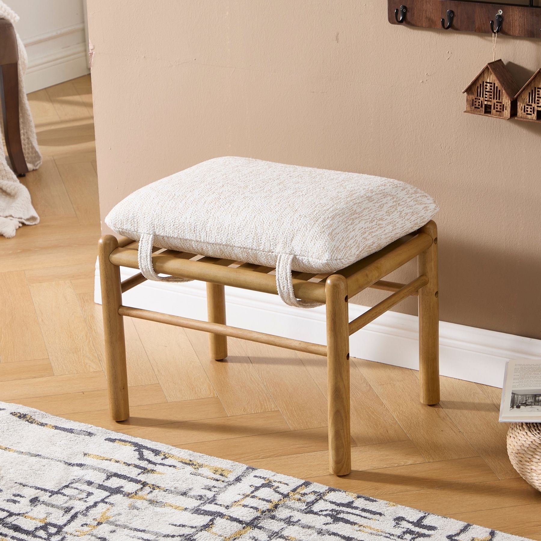 Dayalane Modern Chenille Ottoman Footrest, Wooden Entryway Bench with ...