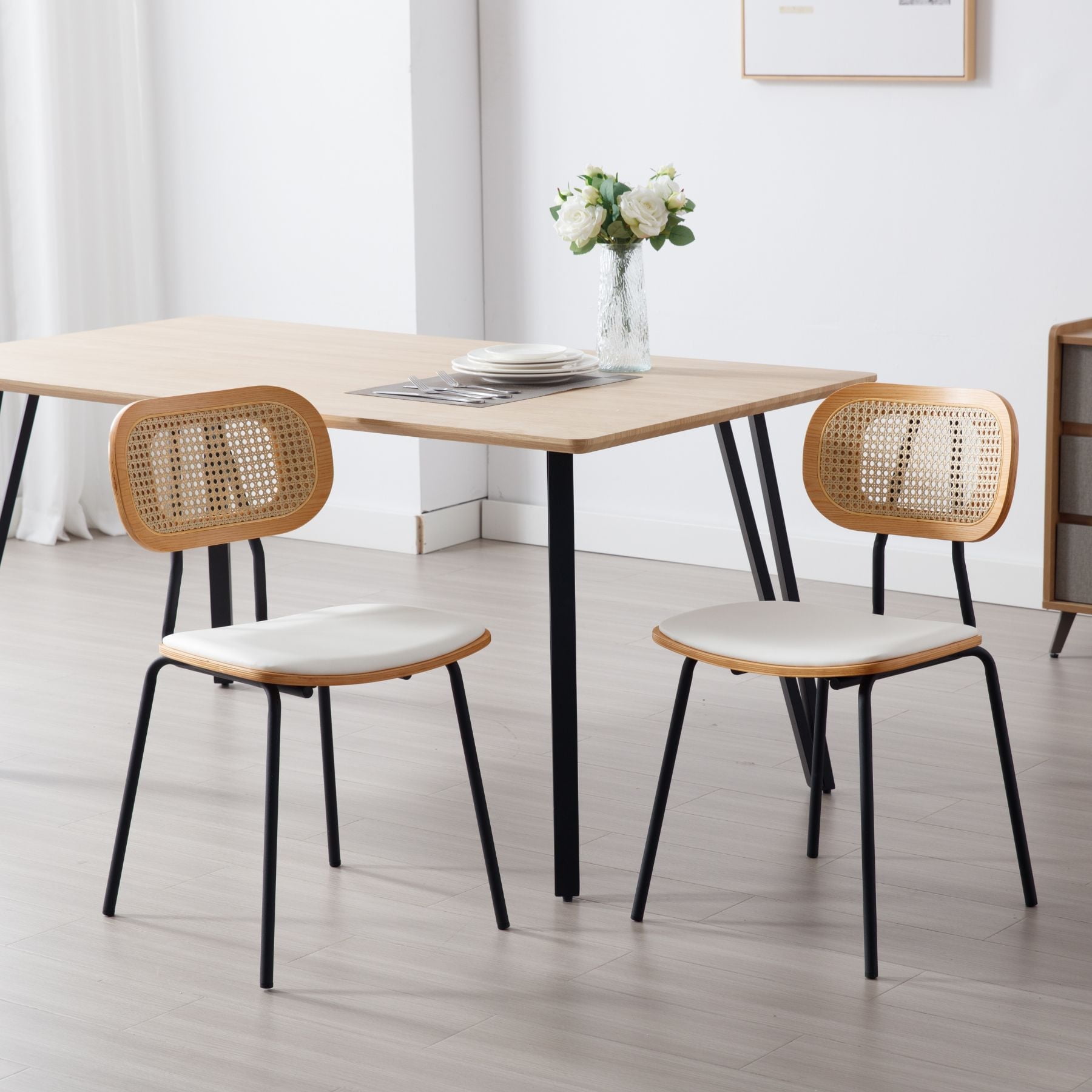 Dayalane Modern Rattan Dining Chairs Set of 2, PU Leather Upholstered ...