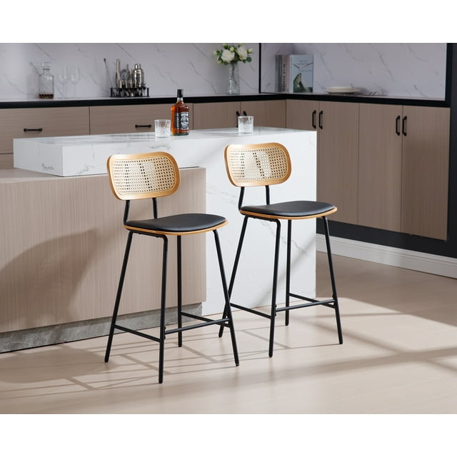 Dayalane Rattan Bar Stools Set of 2, 26 Inch Modern PU Leather ...