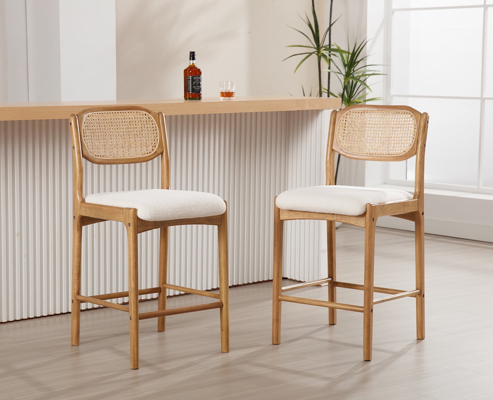 Dayalane Rattan Counter Height Bar Stools Set of 2, Mid-Century Modern ...
