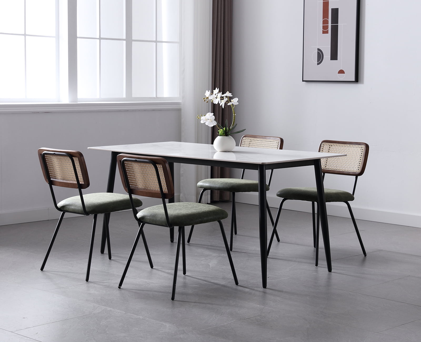 Dayalane Curved Rattan Dining Chairs Set of 4, Home Fabric Upholstered ...