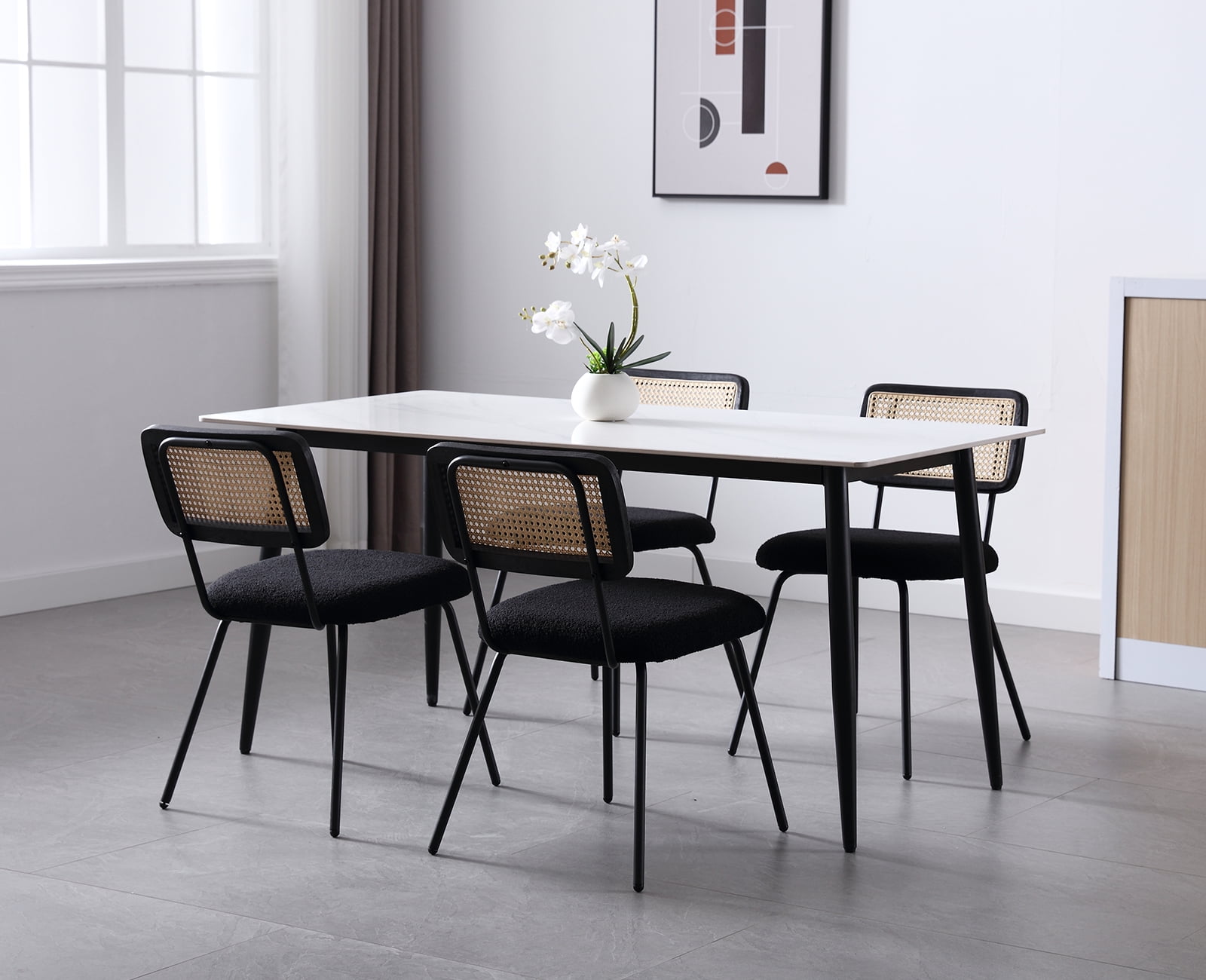 Dayalane Set of 4, Indoor Rattan Dining Chairs, Black Sherpa-Cushioned ...