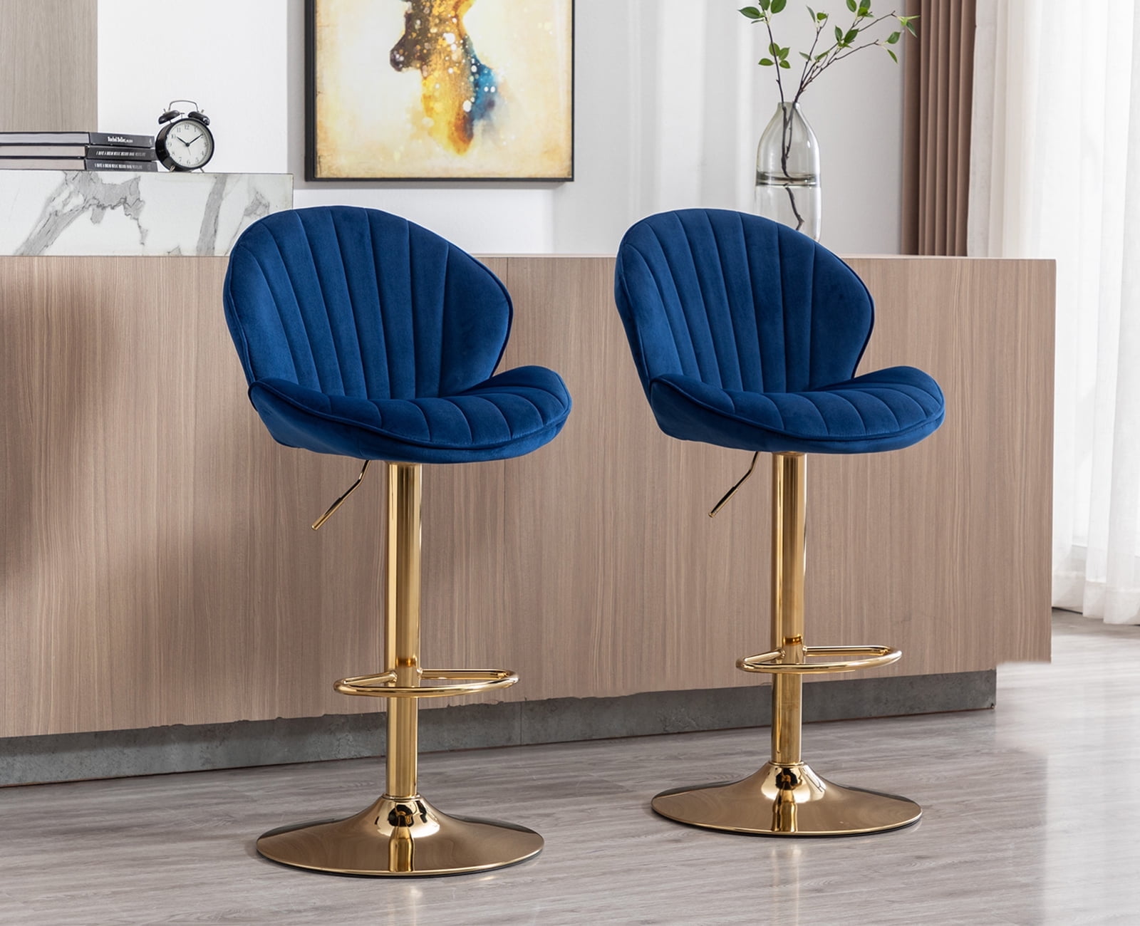 Dayalane Set of 2 Swivel Bar Stools, Adjustable, Velvet Upholstered, Shell Back, Gold Base, Navy ...