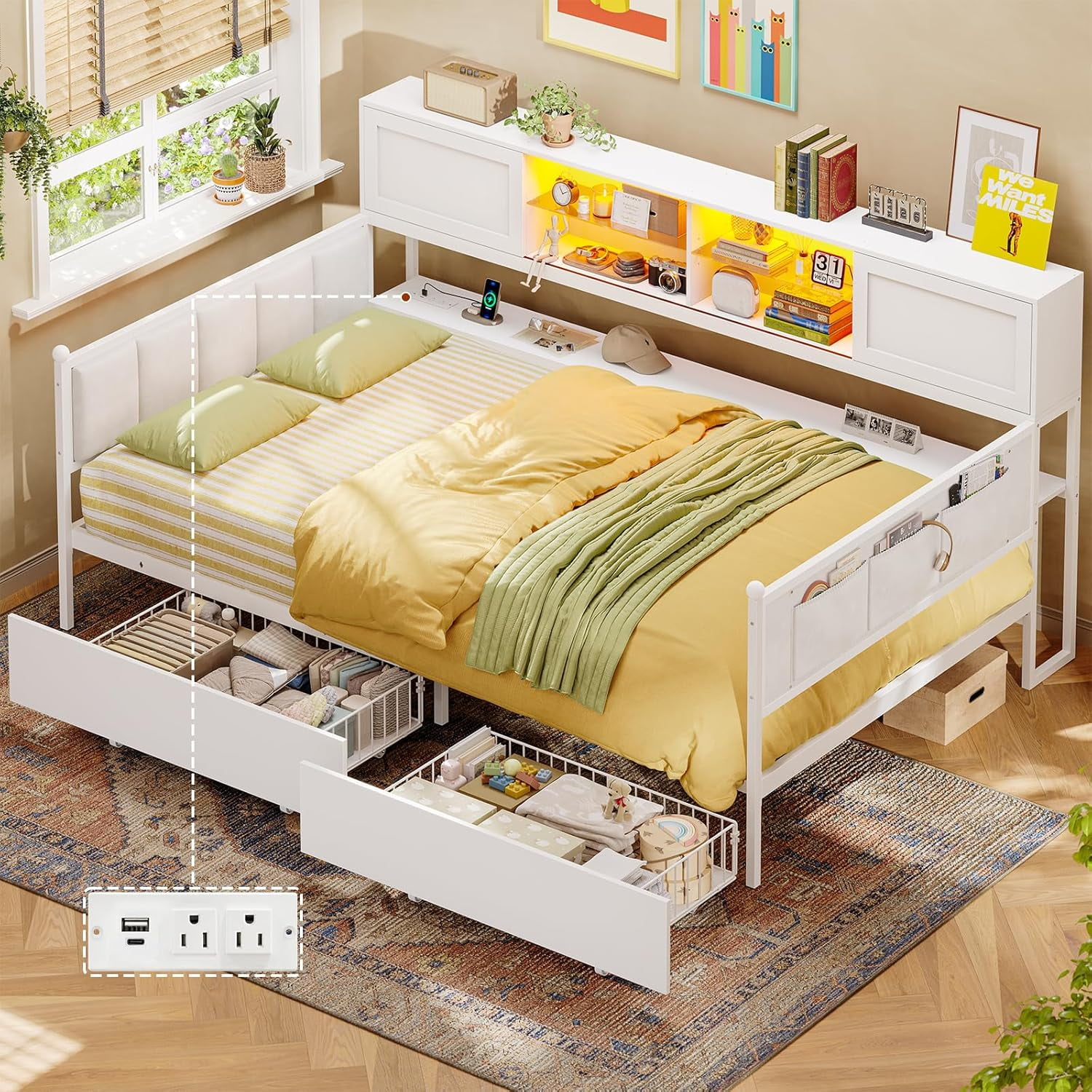 Daybed with 2 Drawers, LED Light, Heavy Duty Metal Twin Bed Frame with ...