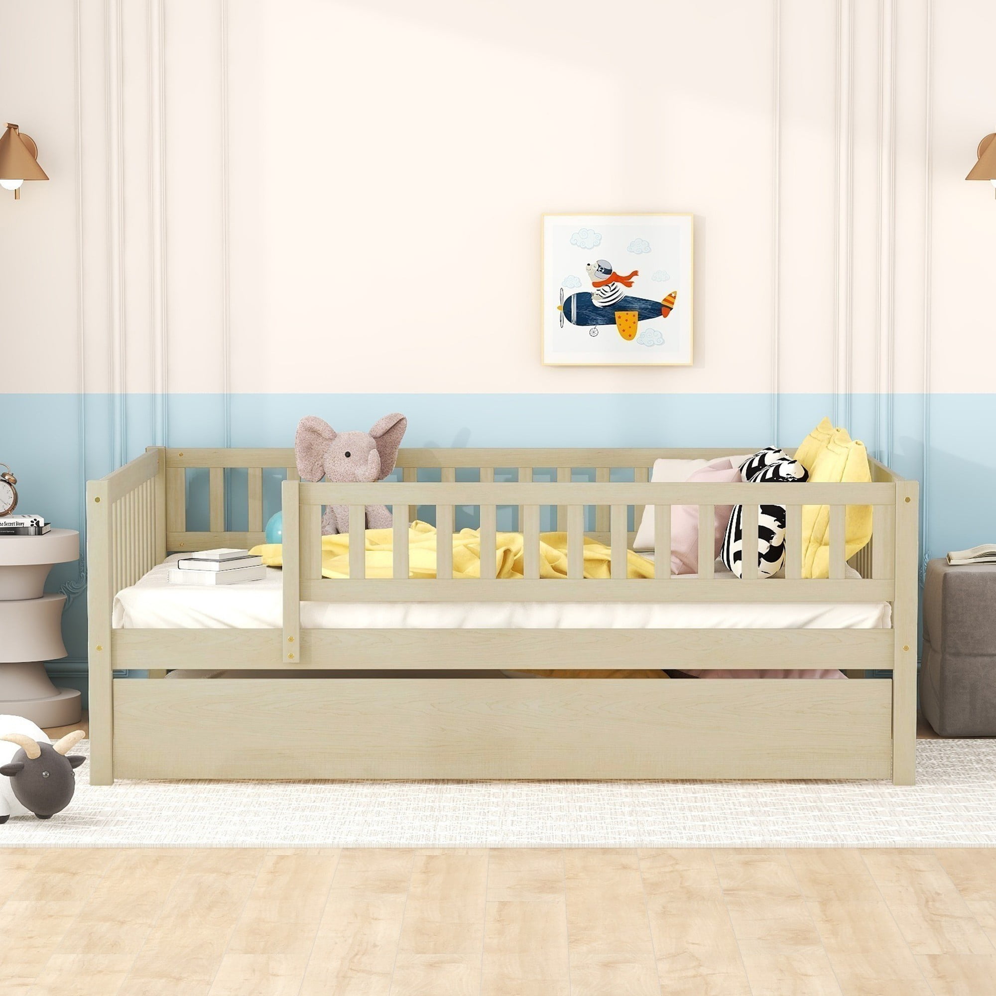 Daybed Bed Frame Platform Bed with Twin Size Trundle Modern Wooden Bed ...