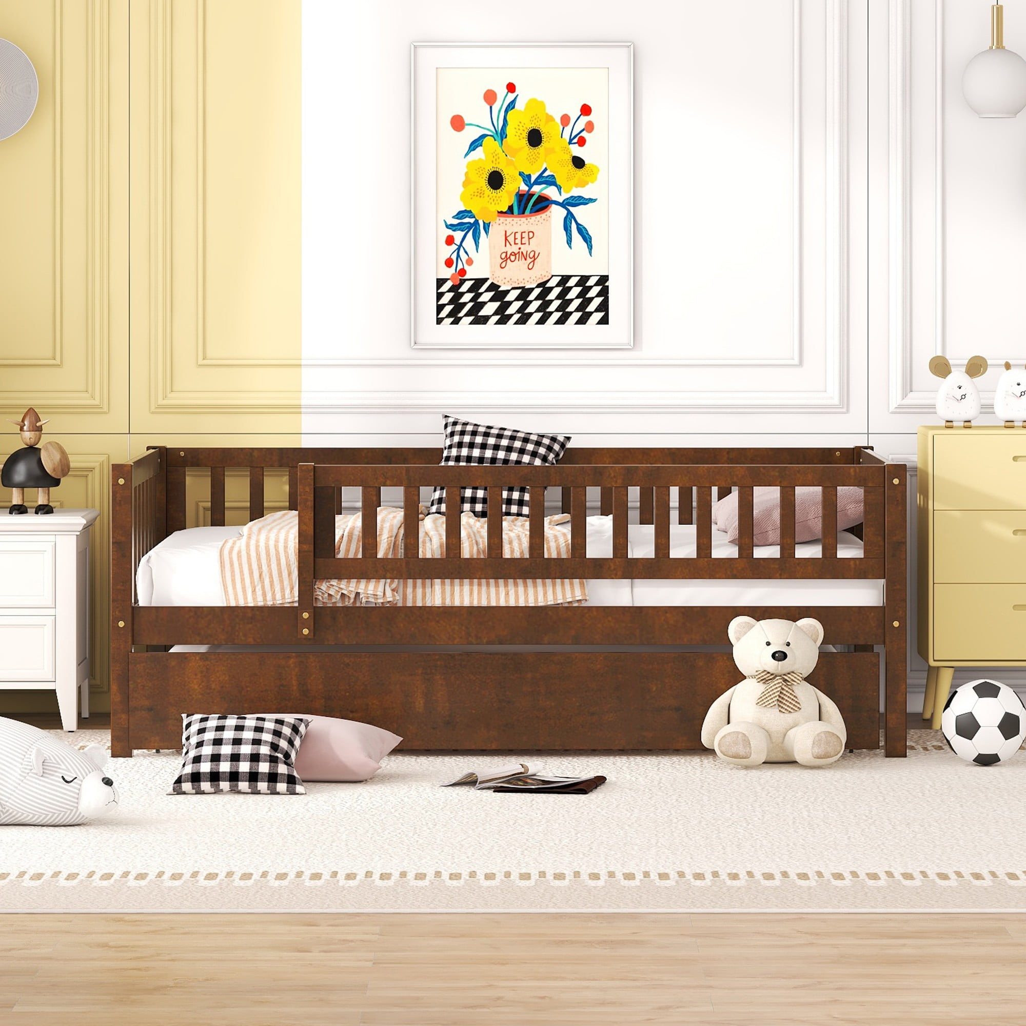Daybed Bed Frame Platform Bed with Twin Size Trundle Modern Wooden Bed ...
