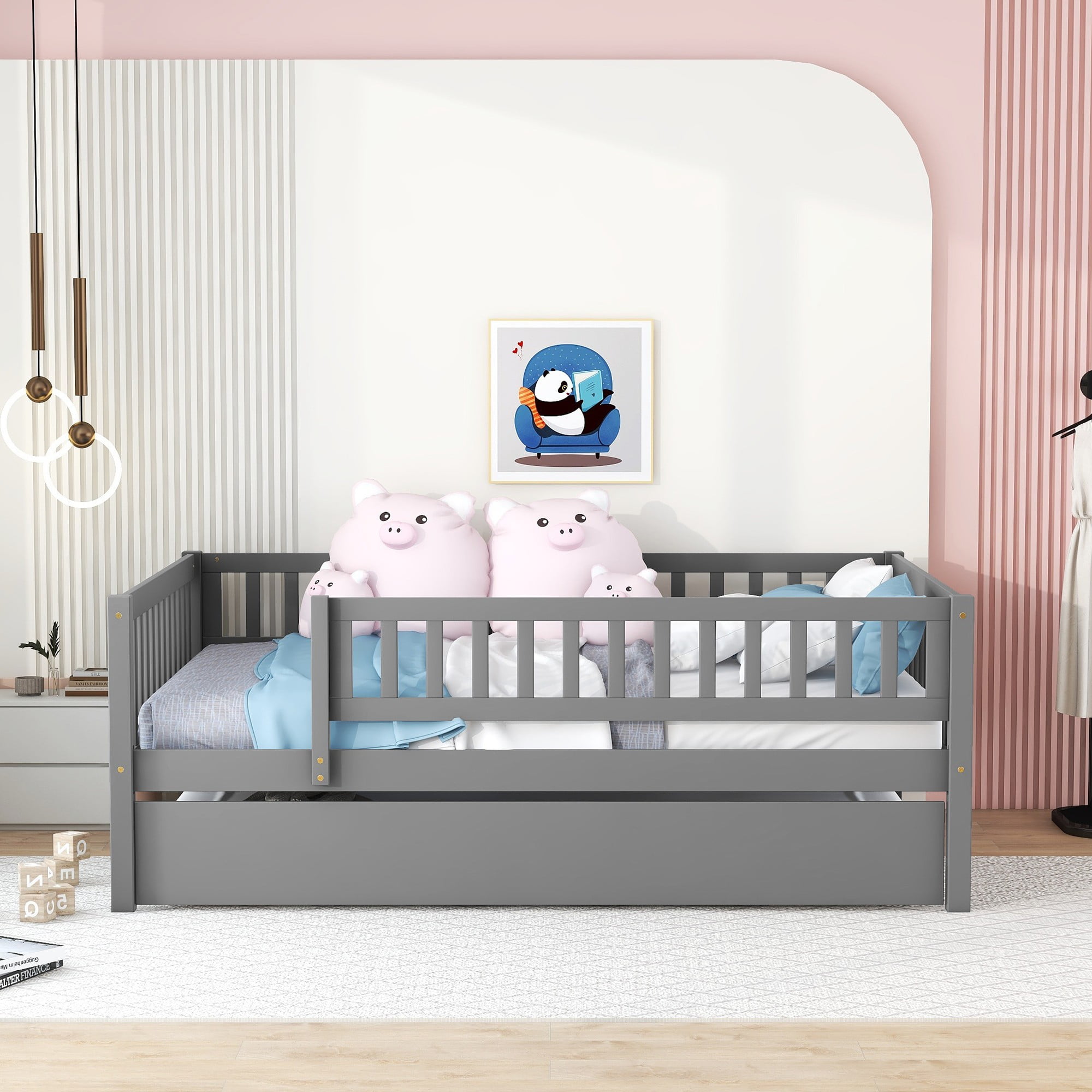 Daybed Bed Frame Platform Bed with Twin Size Trundle Modern Wooden Bed ...