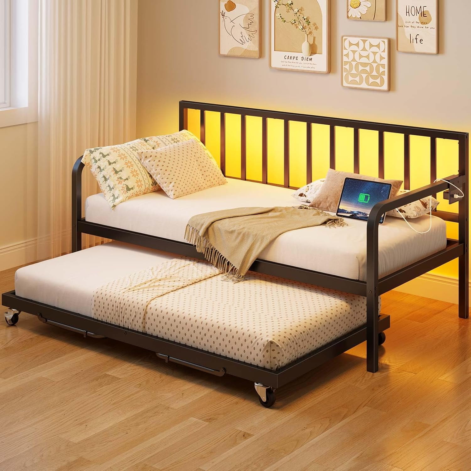 Daybed with Charging Station and LED Lights, Height Adjustable Twin ...
