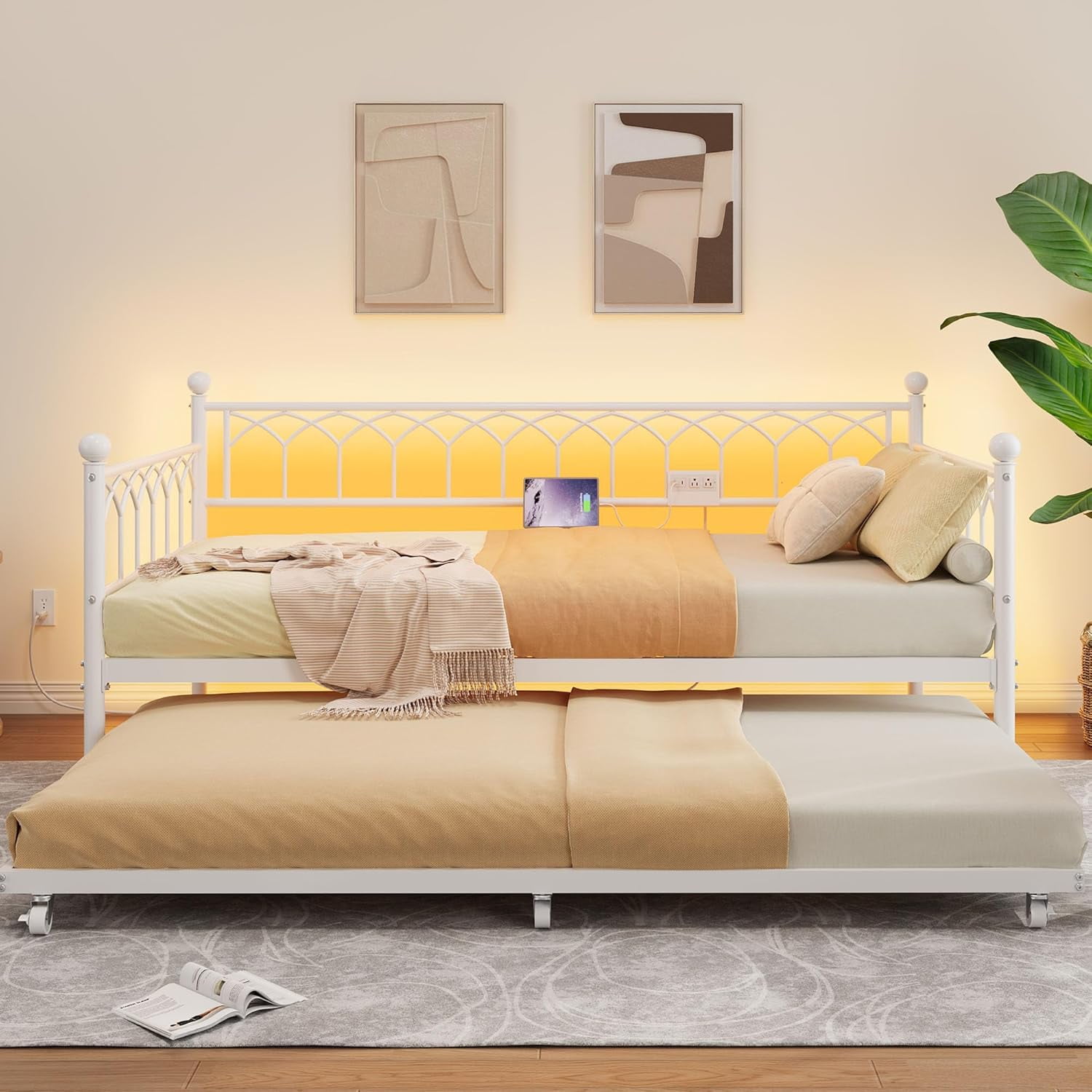 Daybed with Charging Station & LED Lights,Twin Daybed with Trundle ...