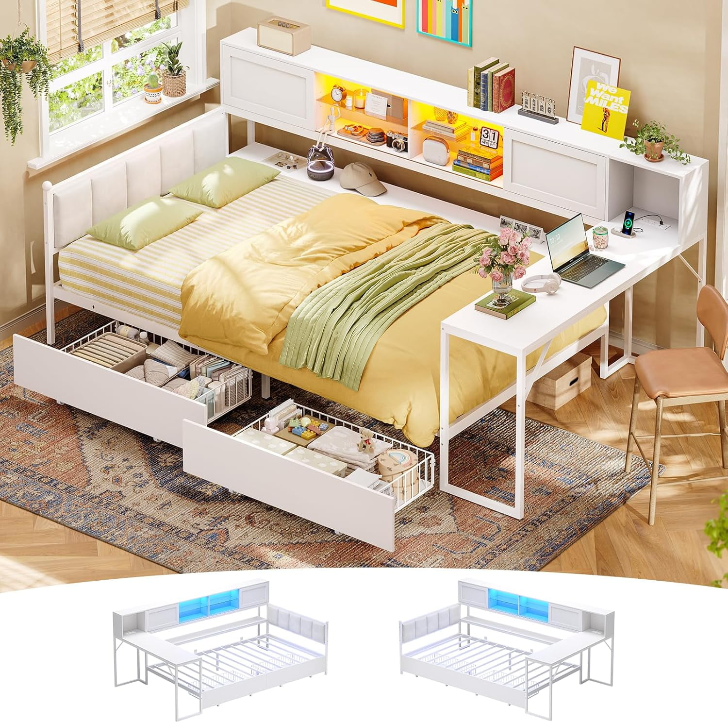 Daybed with Desk, 2 Drawers, LED Light, Heavy Duty Metal Twin Bed Frame ...