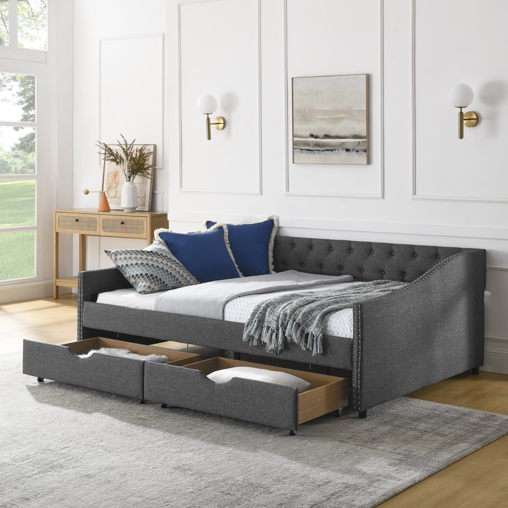 Daybed with Drawers Upholstered Tufted, Full Size Sofa Bed with Button ...