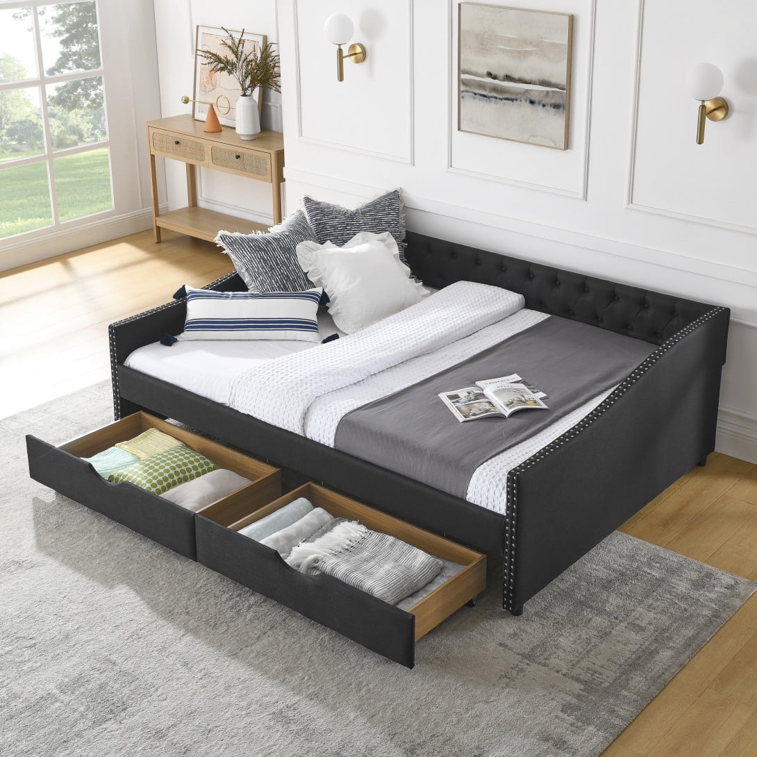Daybed with Drawers Upholstered Tufted, Queen Size Sofa Bed with Button ...