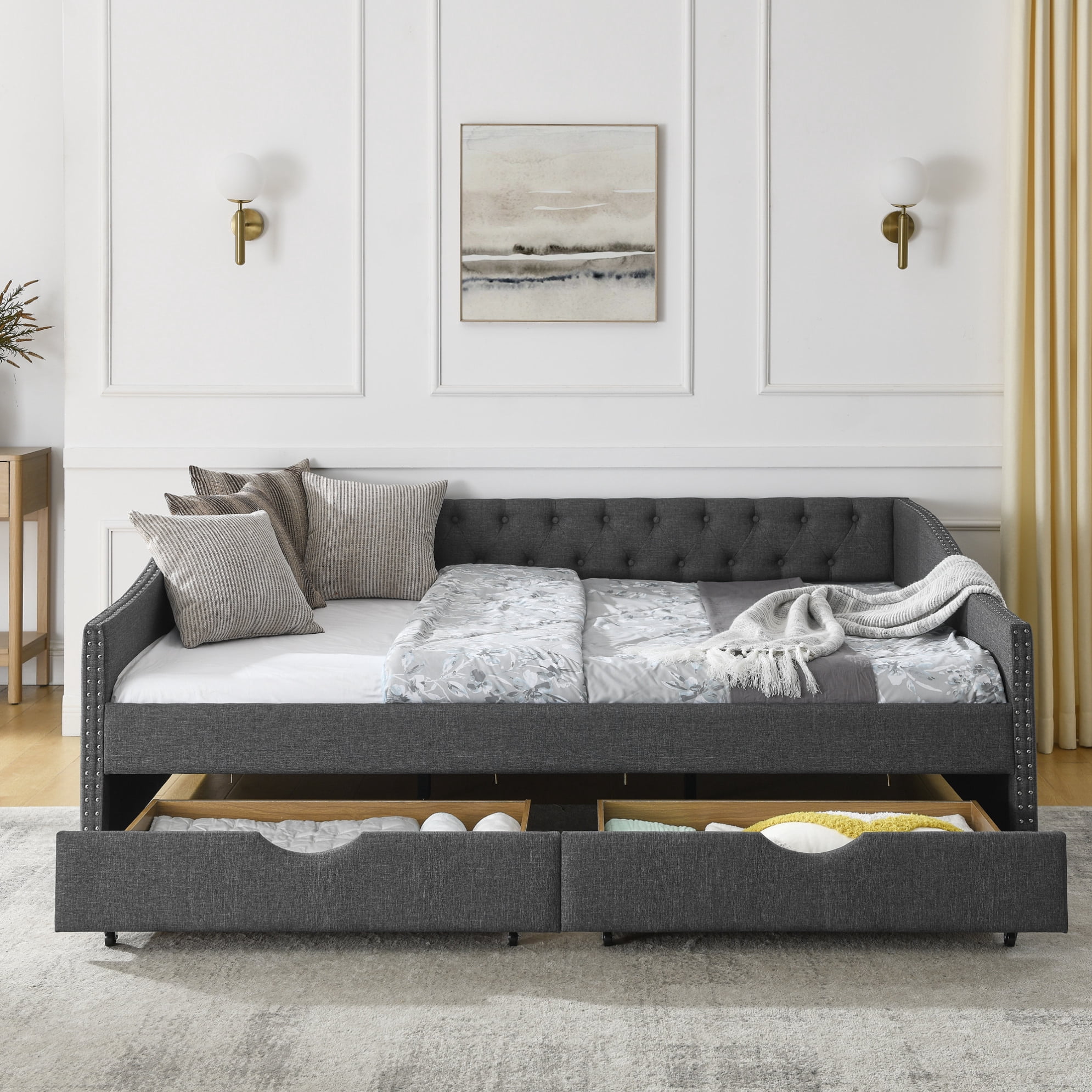 Daybed with Drawers Upholstered Tufted, Queen Size Sofa Bed with Button ...