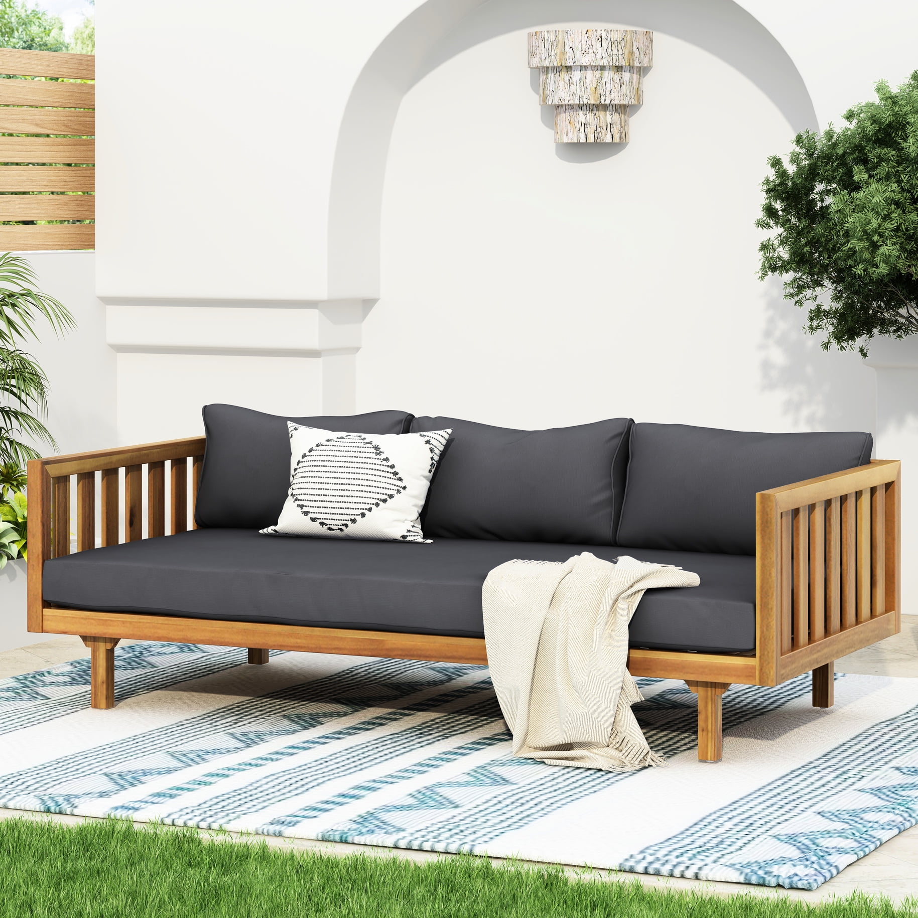 Daybed In Dark Gray - Wood, Slatted , Water- Cushion Toppers, 66.12in W ...