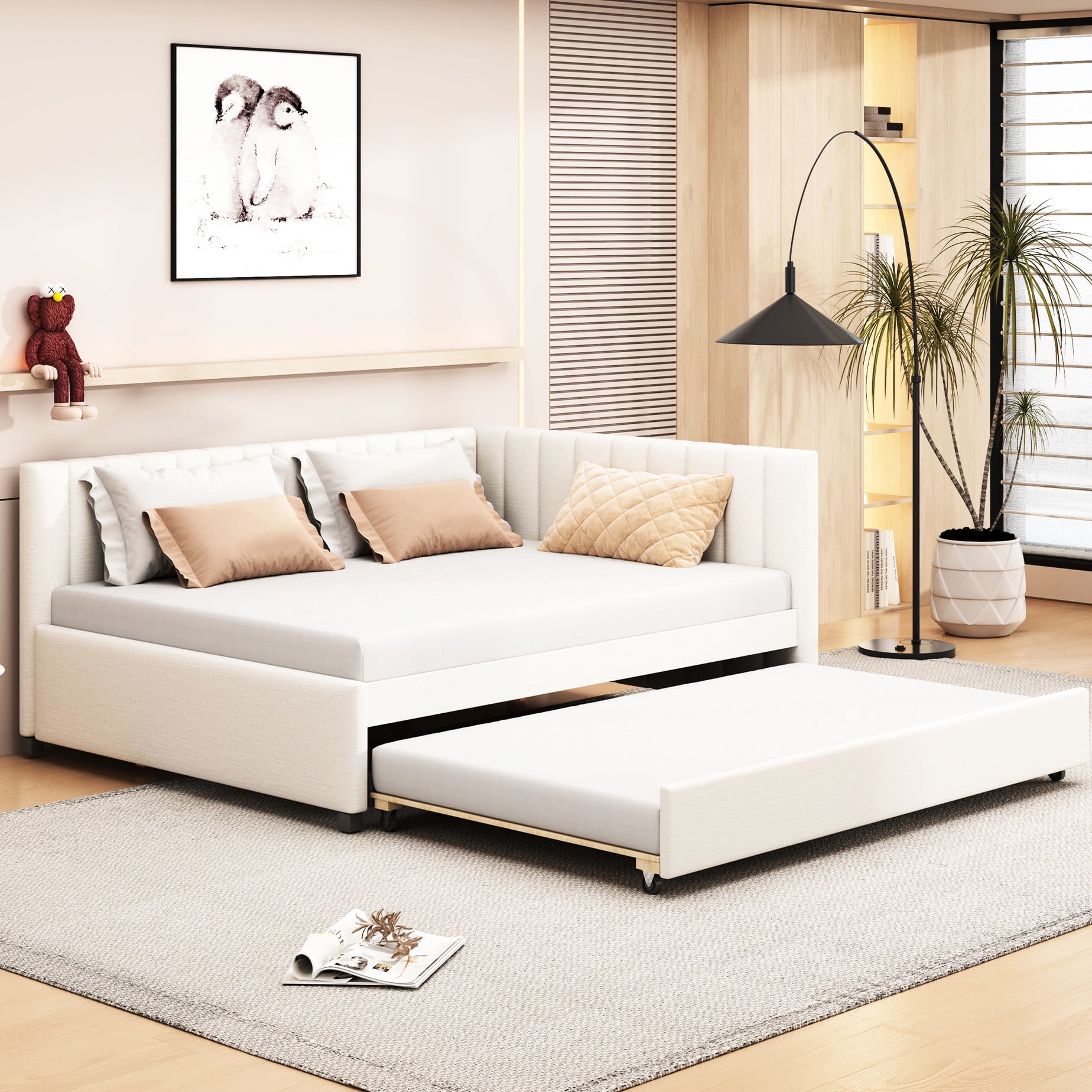 Daybed With Trundle In Beige Linen Fabric, Functional Bed For Daily ...