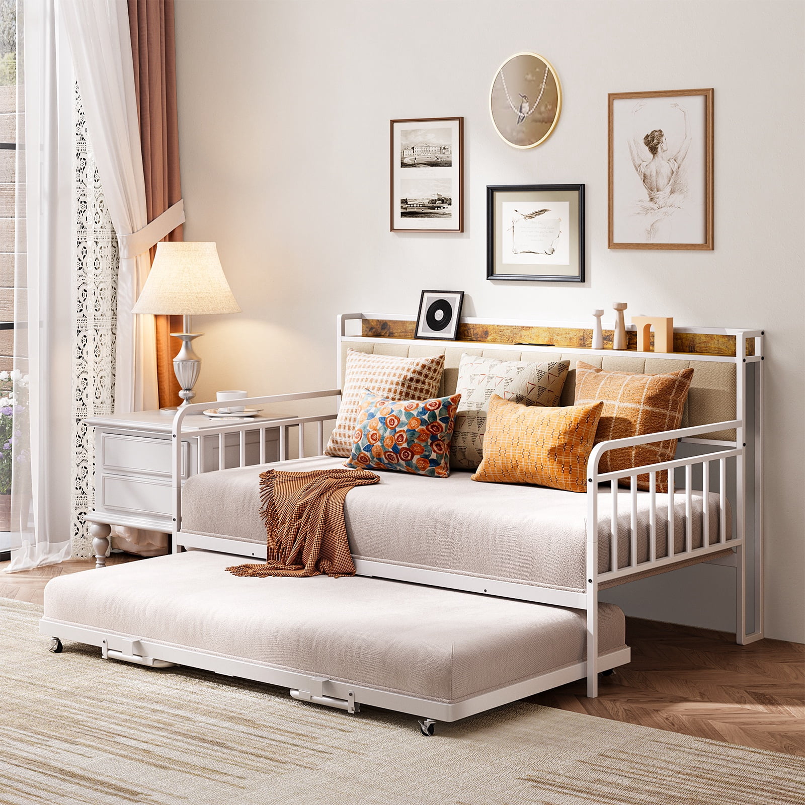 Daybed with Trundle, Jolifa Sturdy Metal Twin Size Bed Frame with ...