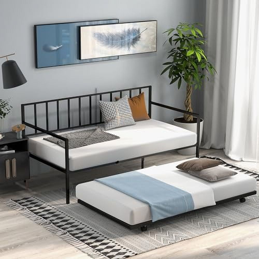 Daybed with Trundle, Metal Twin Bed Frame & Roll Out Trundle with Heavy ...
