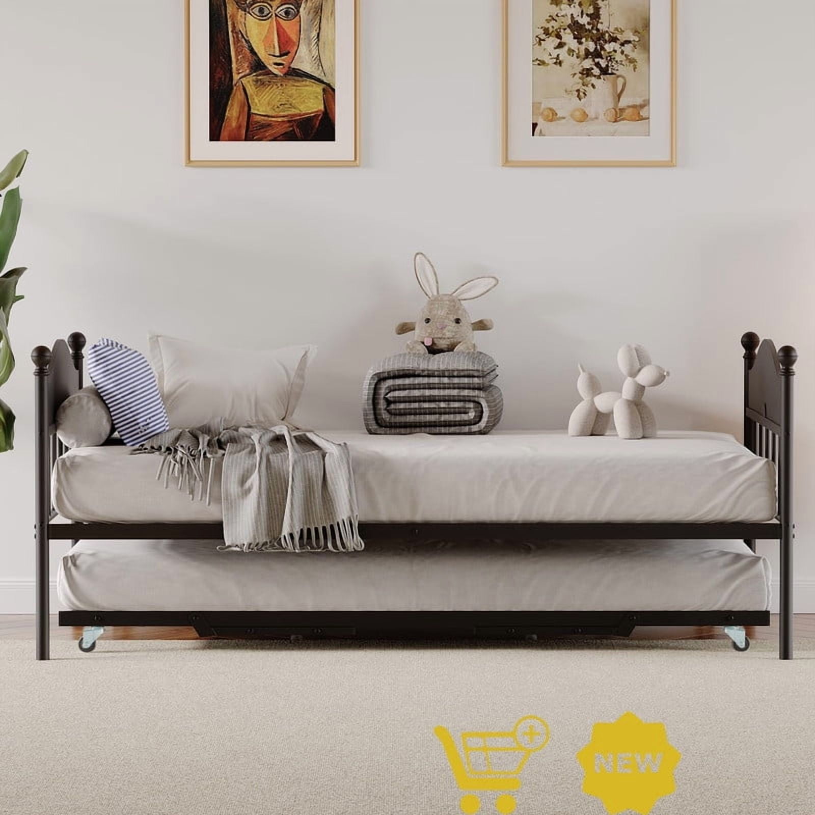 Daybed with Trundle, Metal Twin Size Sofa Bed Frame with Pop-Up Trundle ...