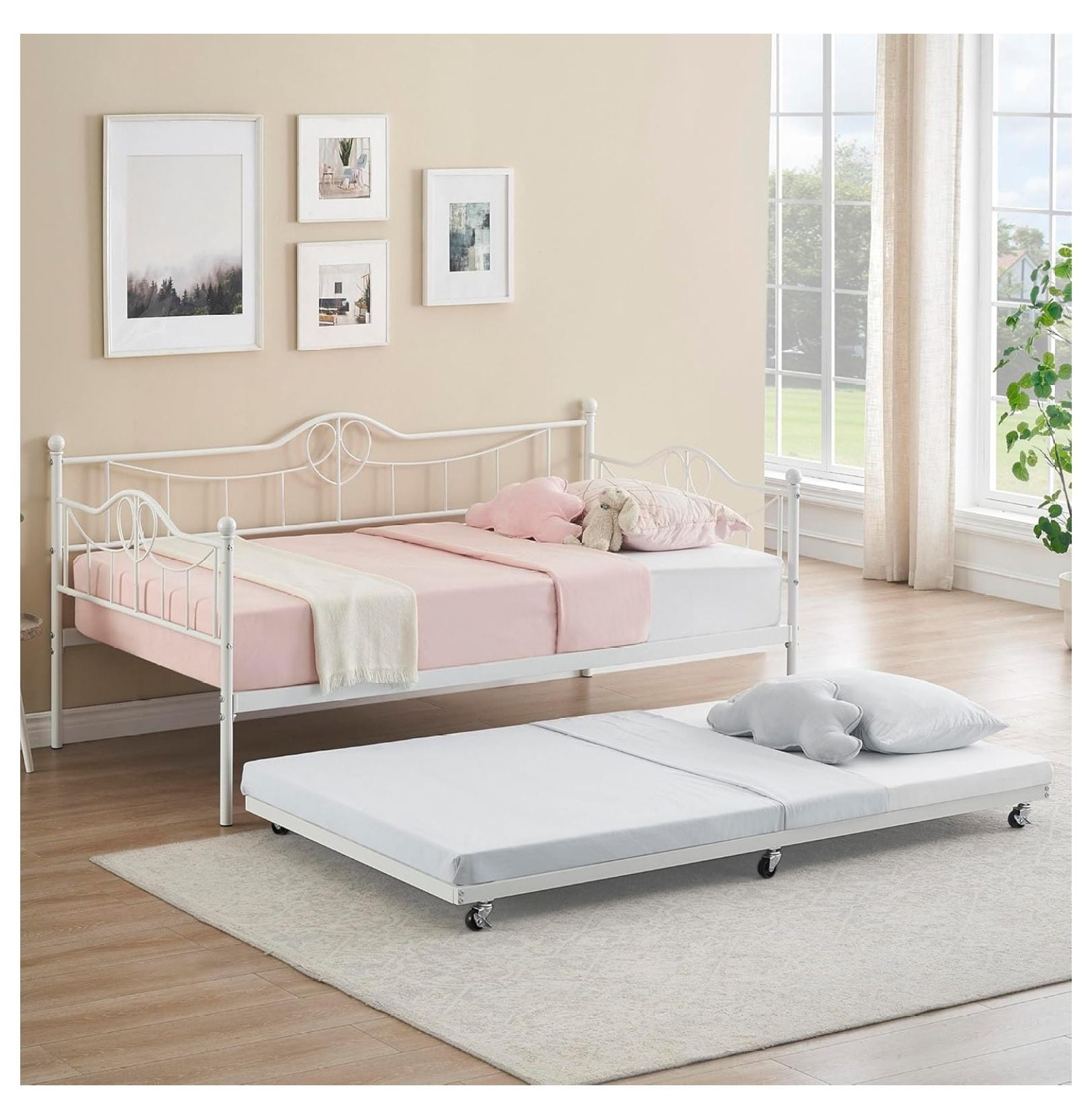Daybed with Trundle, Modern Pull Out Metal Day Bed with Vintage ...