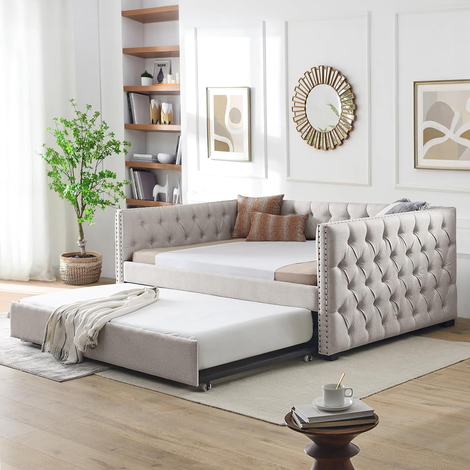 Daybed with Trundle, Modern Upholstered Full Size Button-Tufted Sofa ...