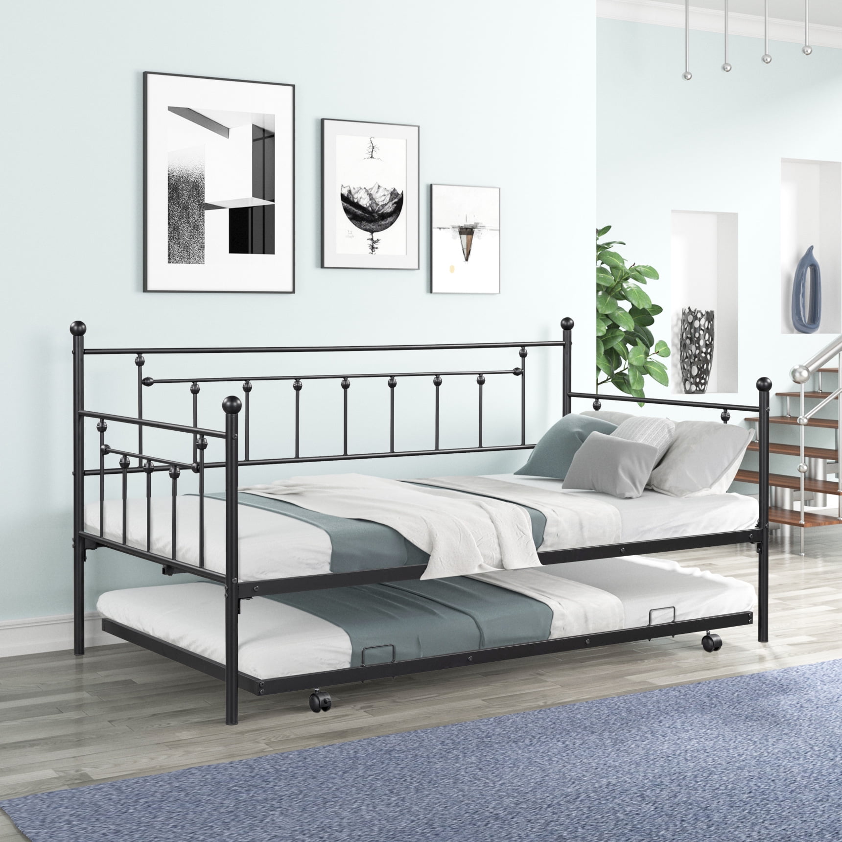 Daybed with Trundle, Twin Daybed with Headborad and Footboard, Built-in ...